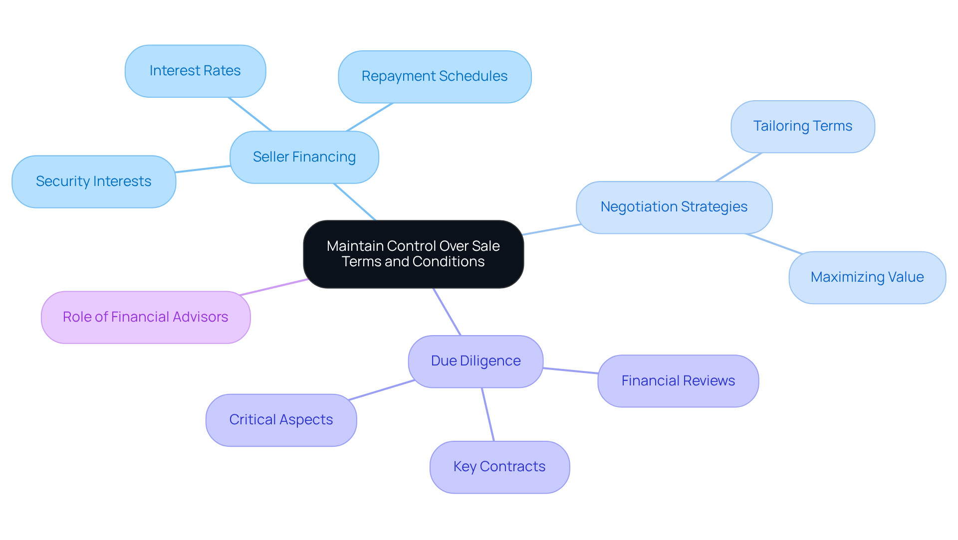 The central node represents the main theme of controlling sale terms. Each branch explores different aspects of seller financing, negotiation, and due diligence, helping you see how they connect and contribute to a successful sale.