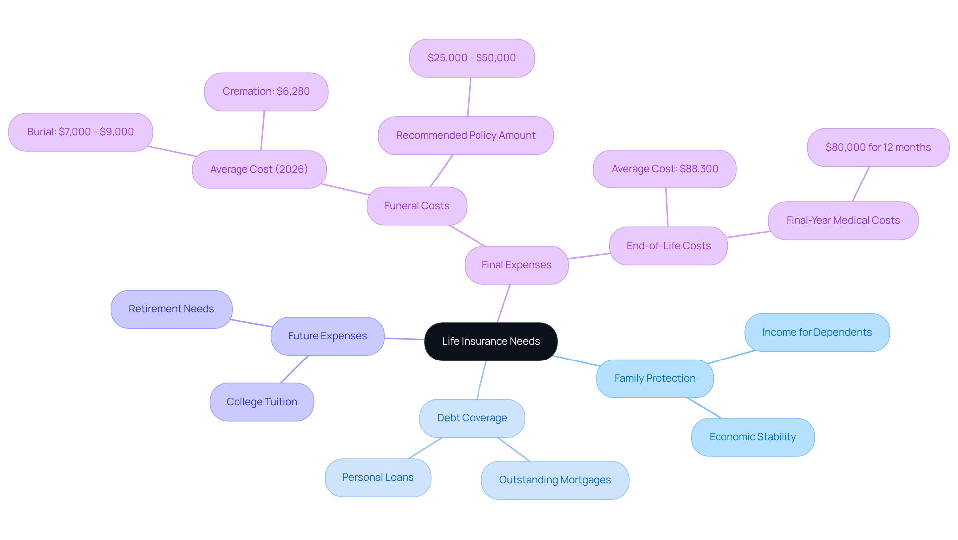 The central node represents the overall theme of life insurance needs, while the branches show the key factors to consider. Each category helps you think about different aspects of financial security for your family.