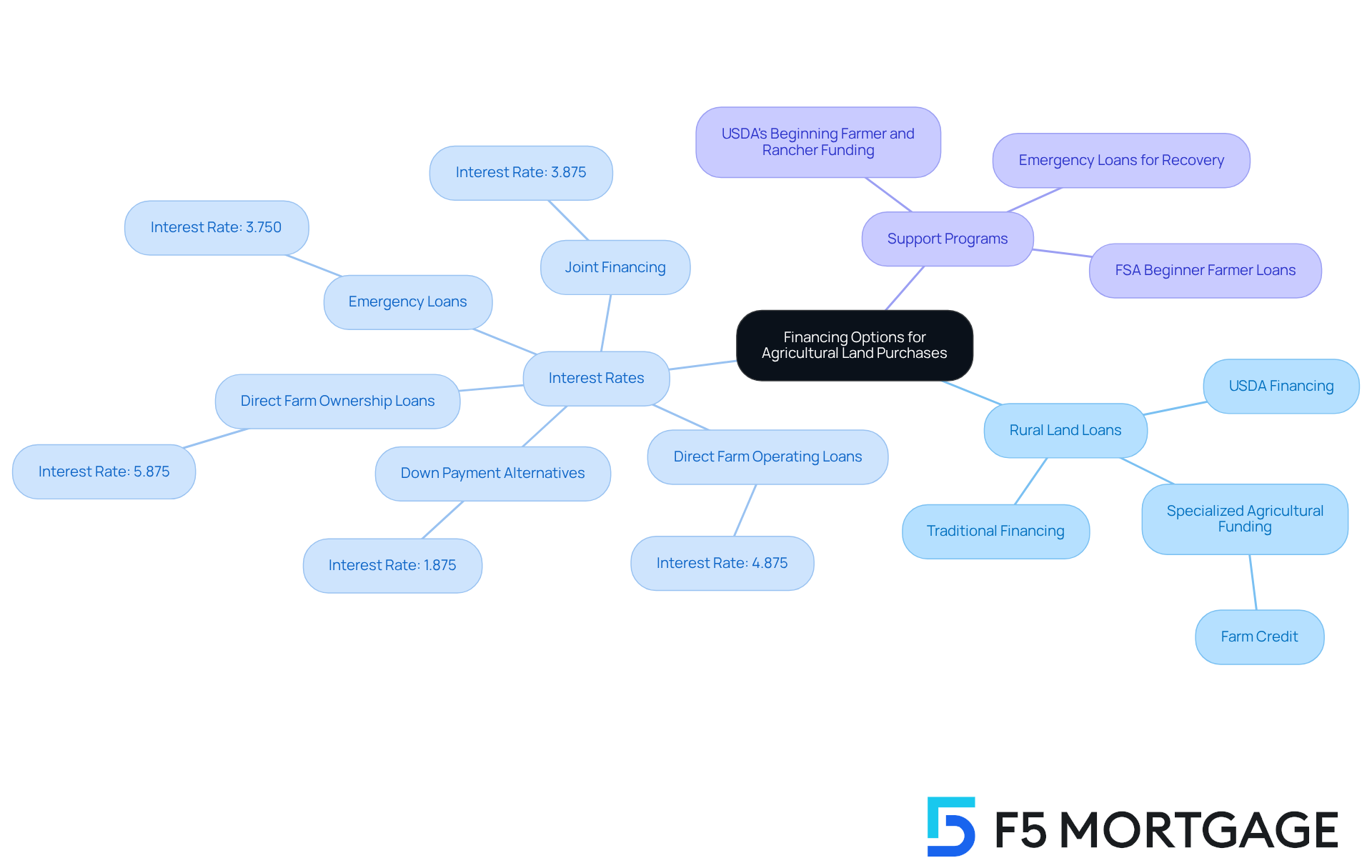 The central node represents the main topic of financing options. Each branch shows different types of loans and support programs, with sub-branches detailing specific loans and their interest rates. This layout helps you see all available options and how they connect.