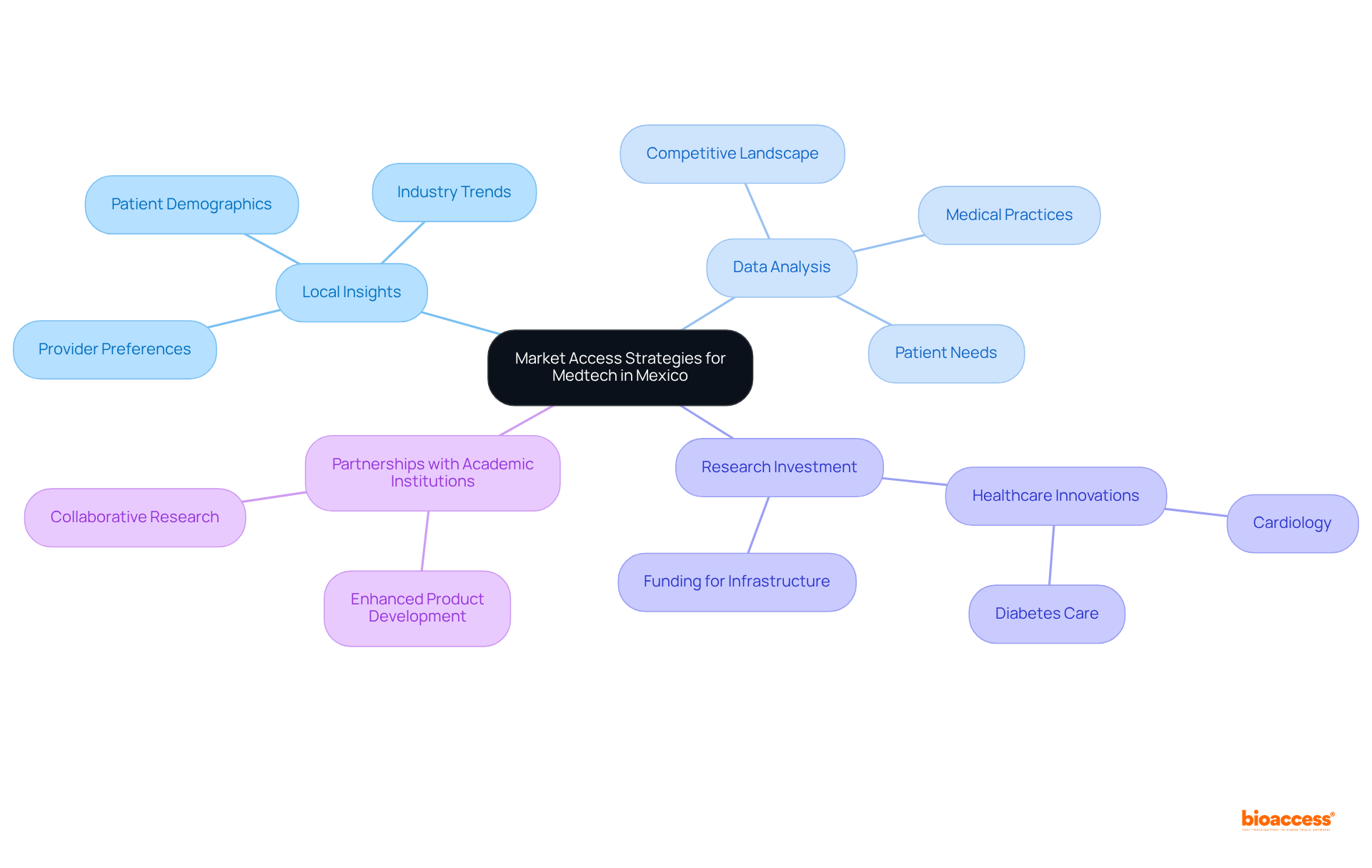 At the center is the main strategy, and each branch explores different aspects that contribute to effective market access, showing how insights and collaborations shape the approach.