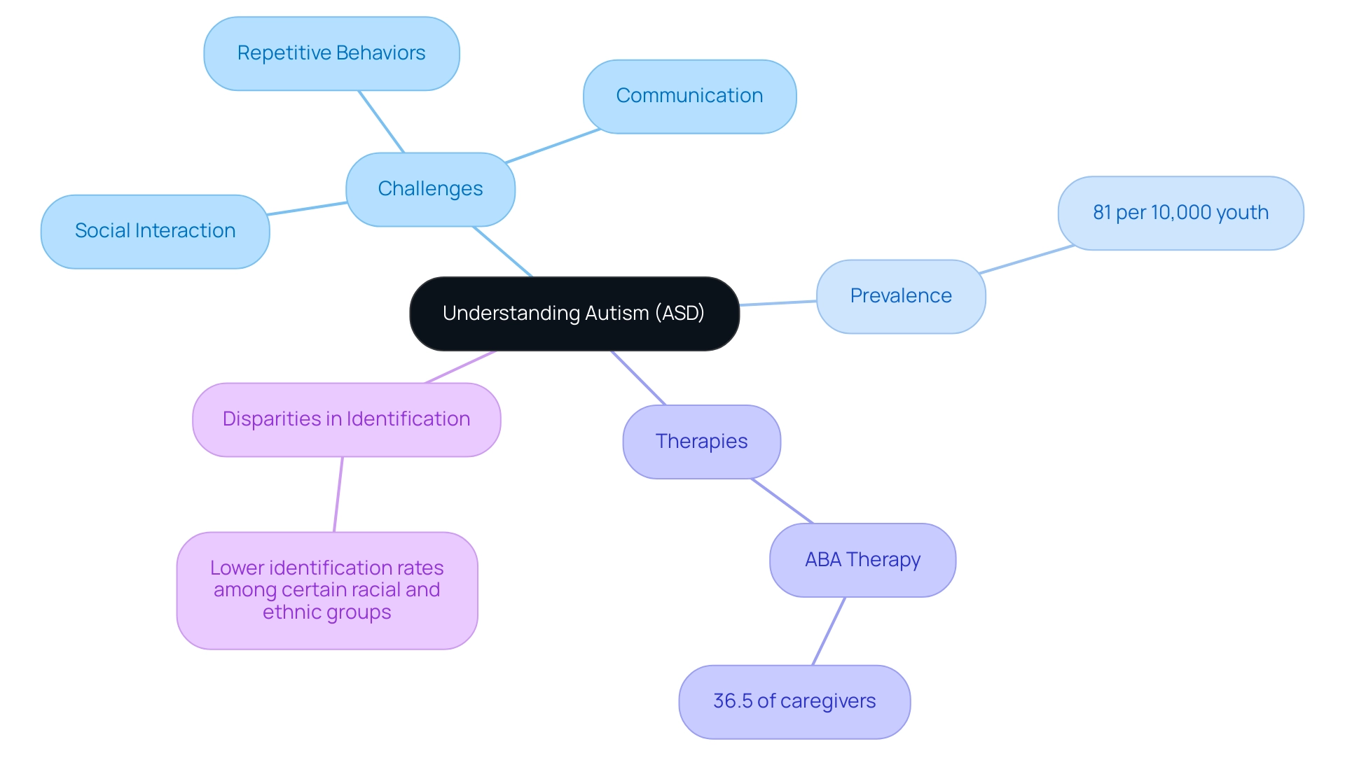 The central node represents Autism Spectrum Disorder, with branches representing its challenges, prevalence, therapy options, and identification disparities.