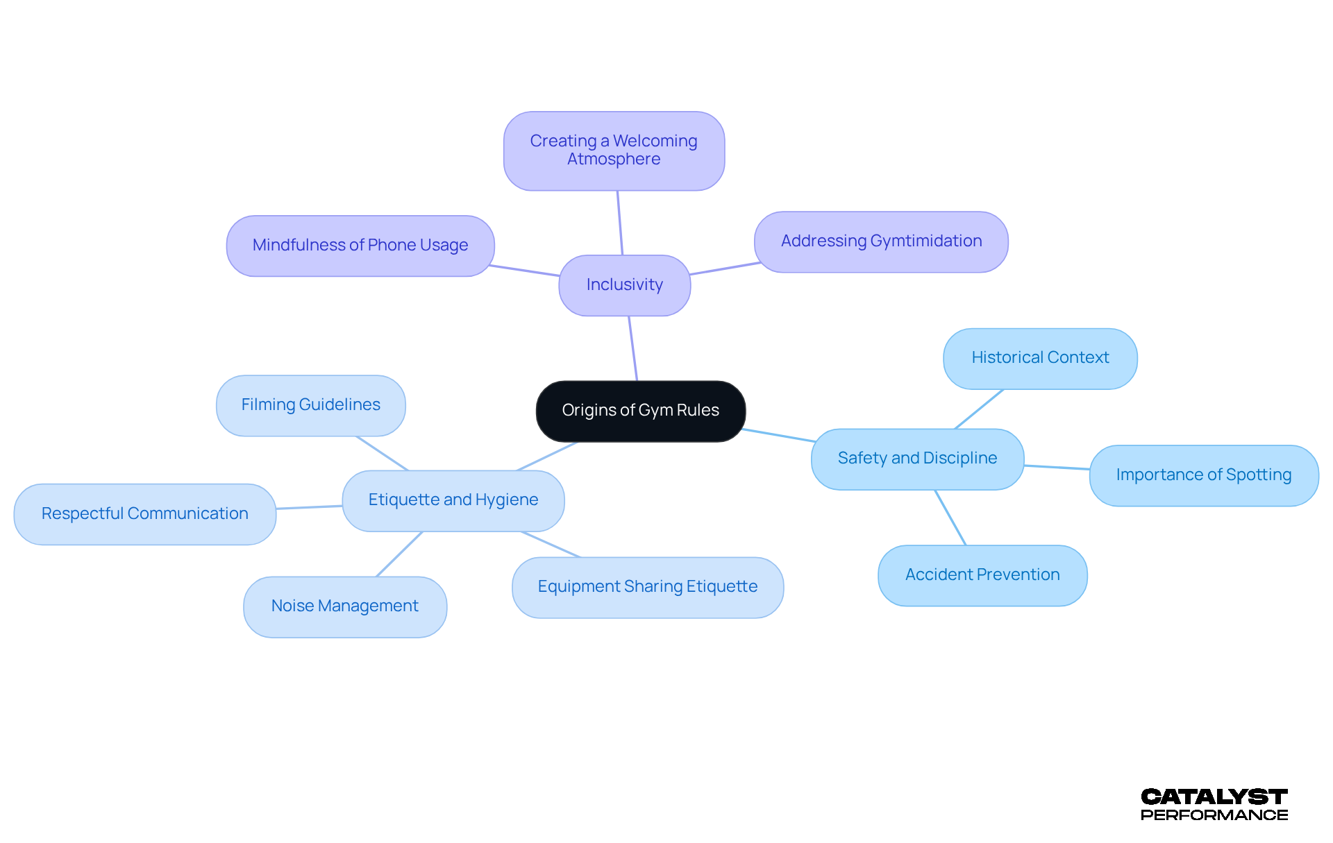 Start at the center with the main theme of gym rules. Follow the branches to explore different aspects like safety, etiquette, and inclusivity, and see how they all connect to the overall journey of gym rules.