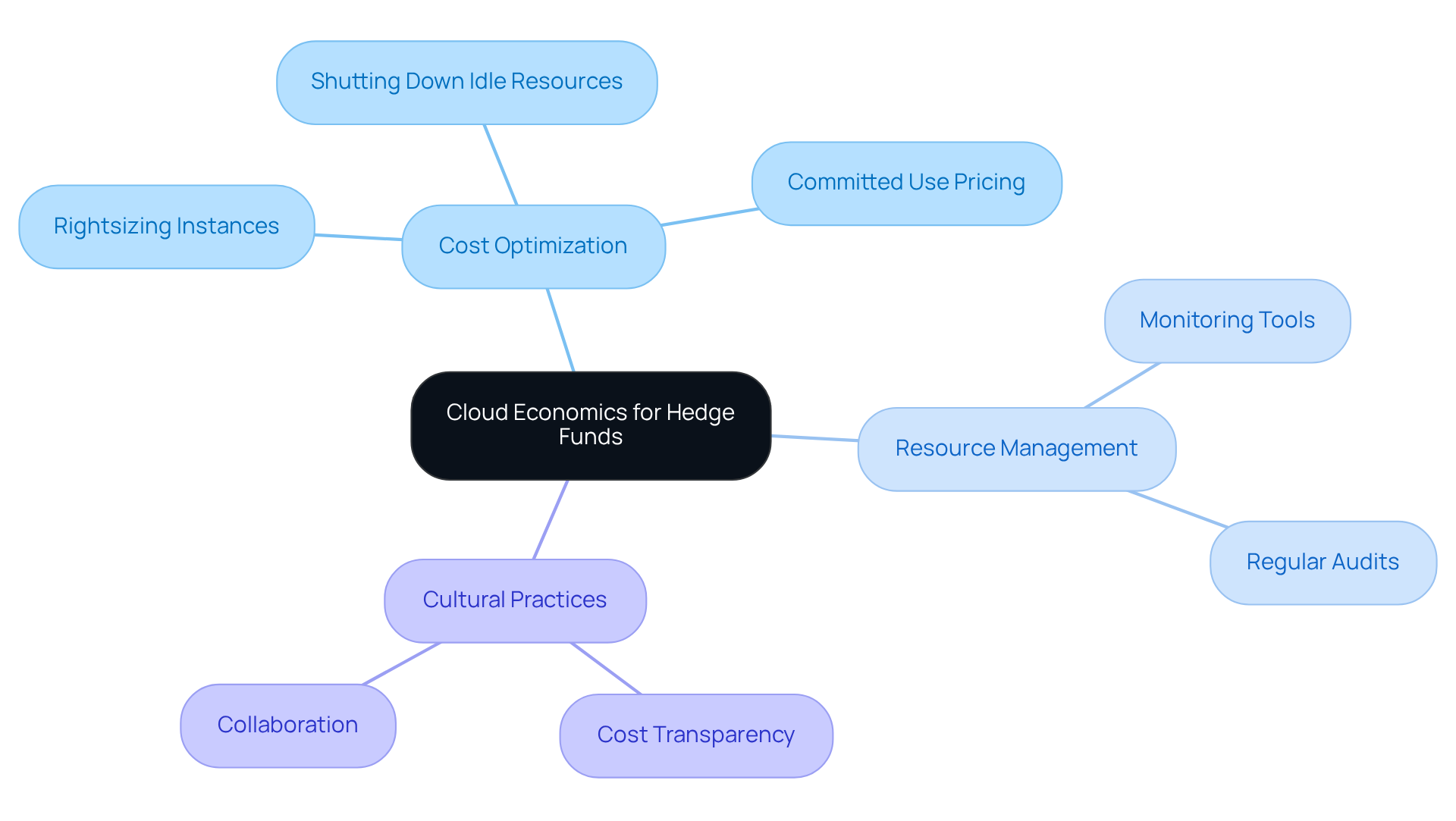 The central idea is cloud economics, with branches showing key strategies and practices. Each branch represents a different aspect of cost management and resource optimization, helping you see how they connect and contribute to overall financial performance.