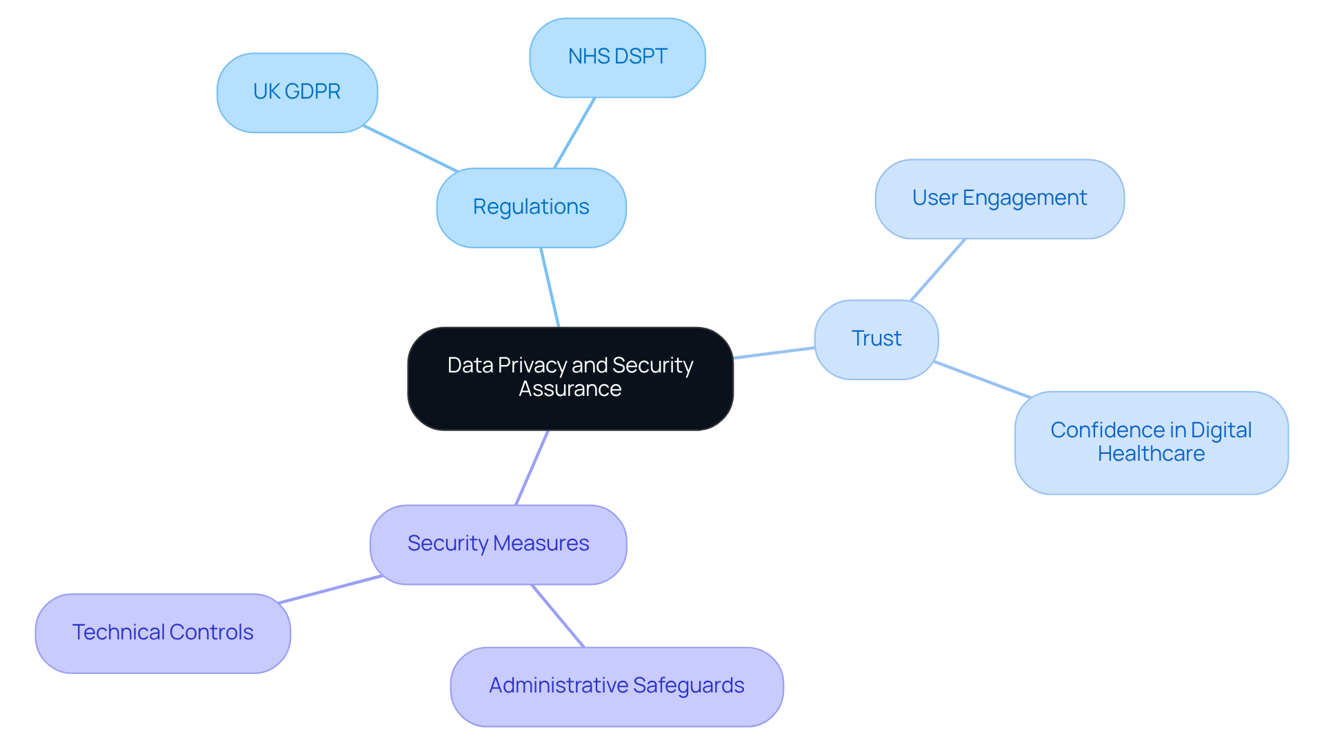 The center represents the main theme of data privacy and security. Each branch shows important aspects like regulations and trust, while sub-branches detail specific measures and their significance.