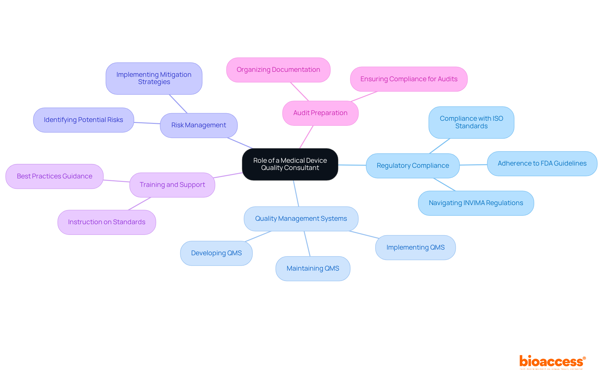 The central idea shows the role of the consultant, and the branches represent specific responsibilities. Each sub-point under the branches gives more detail about what that responsibility entails, helping you understand the full scope of the consultant's role.