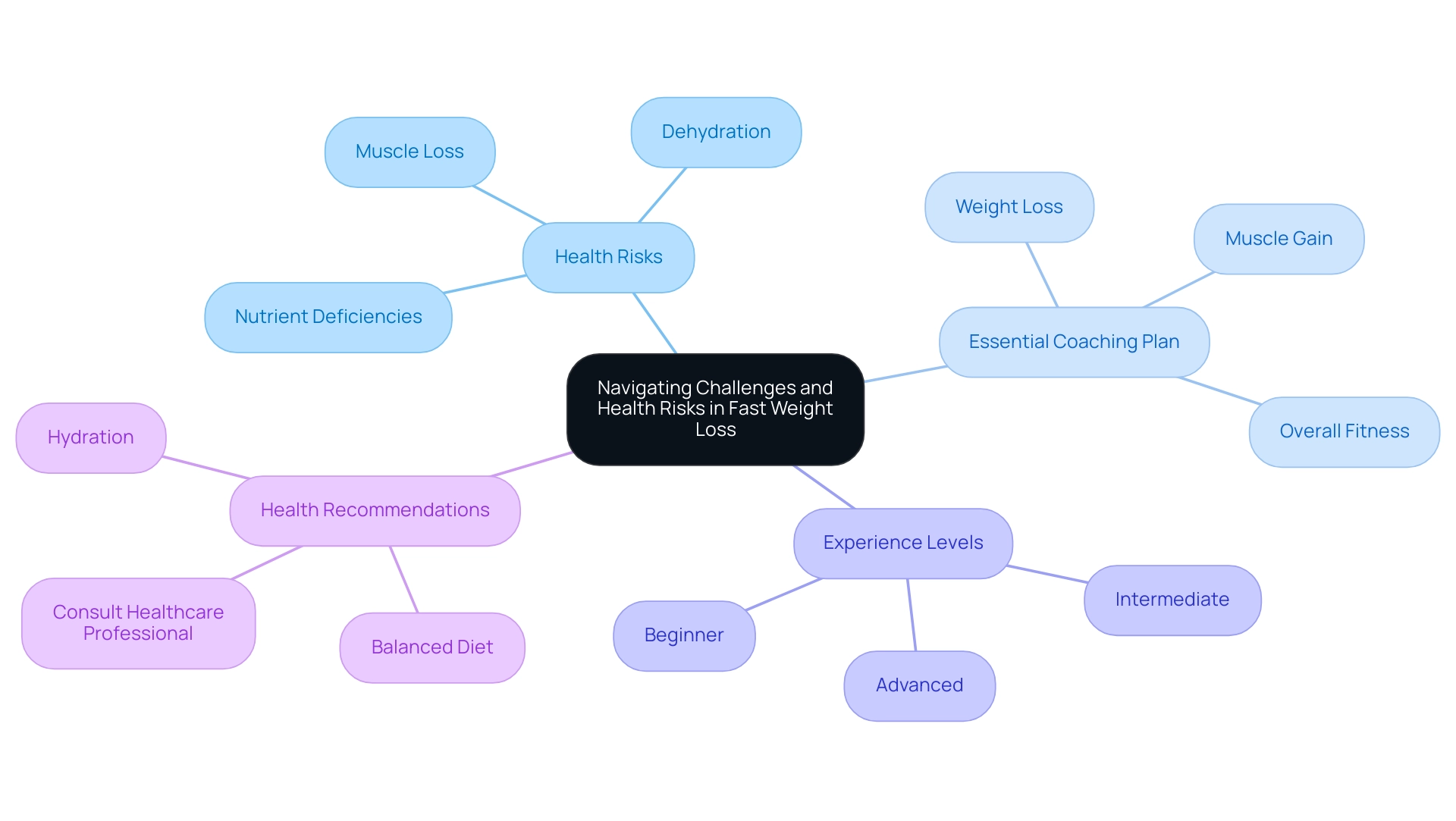 The central node represents the overall topic, with branches showing the health risks, coaching plan, experience levels, and health recommendations related to fast weight loss.