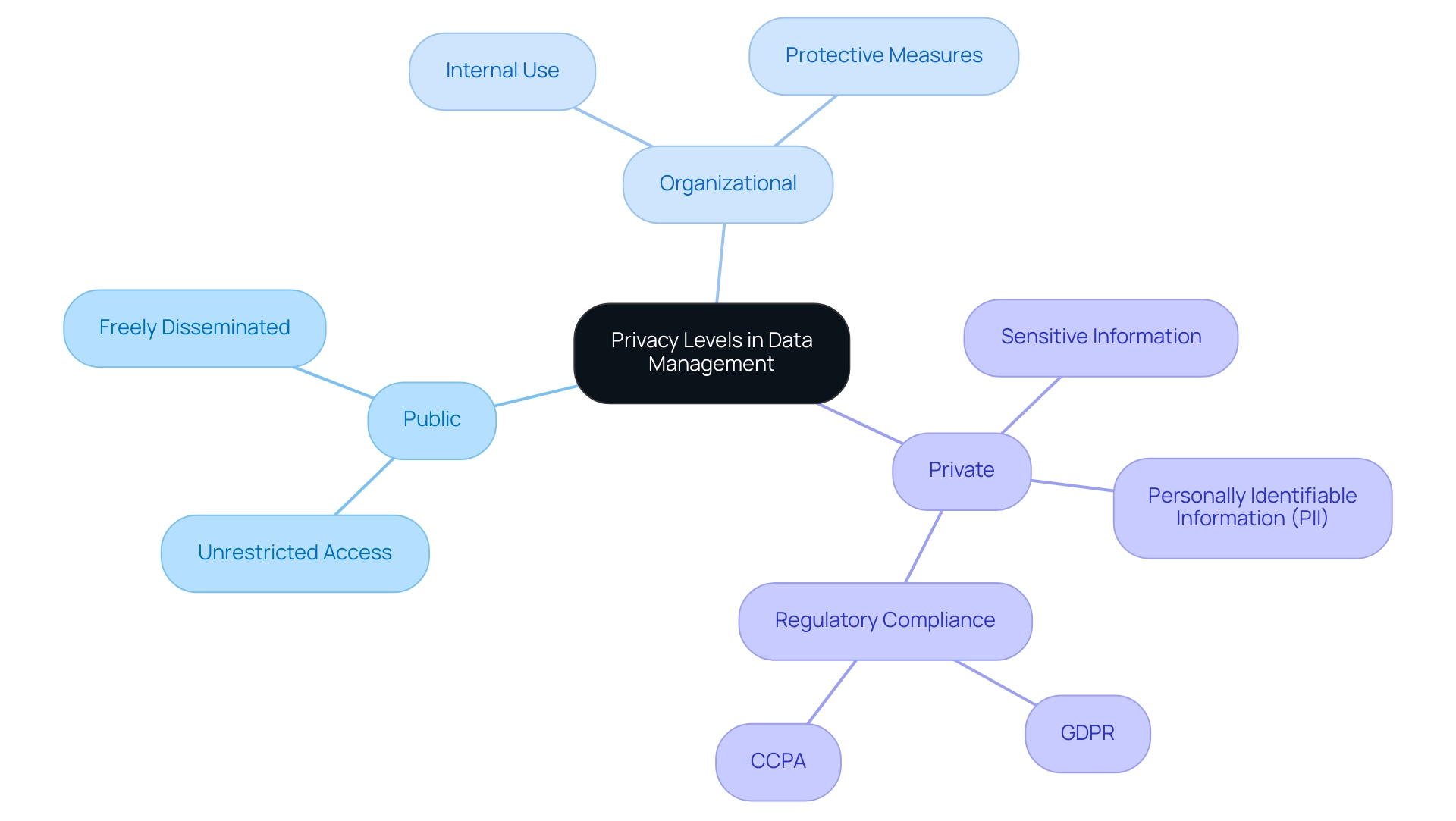 The central node represents the overall topic, with branches indicating the three main privacy levels and their respective characteristics and implications.