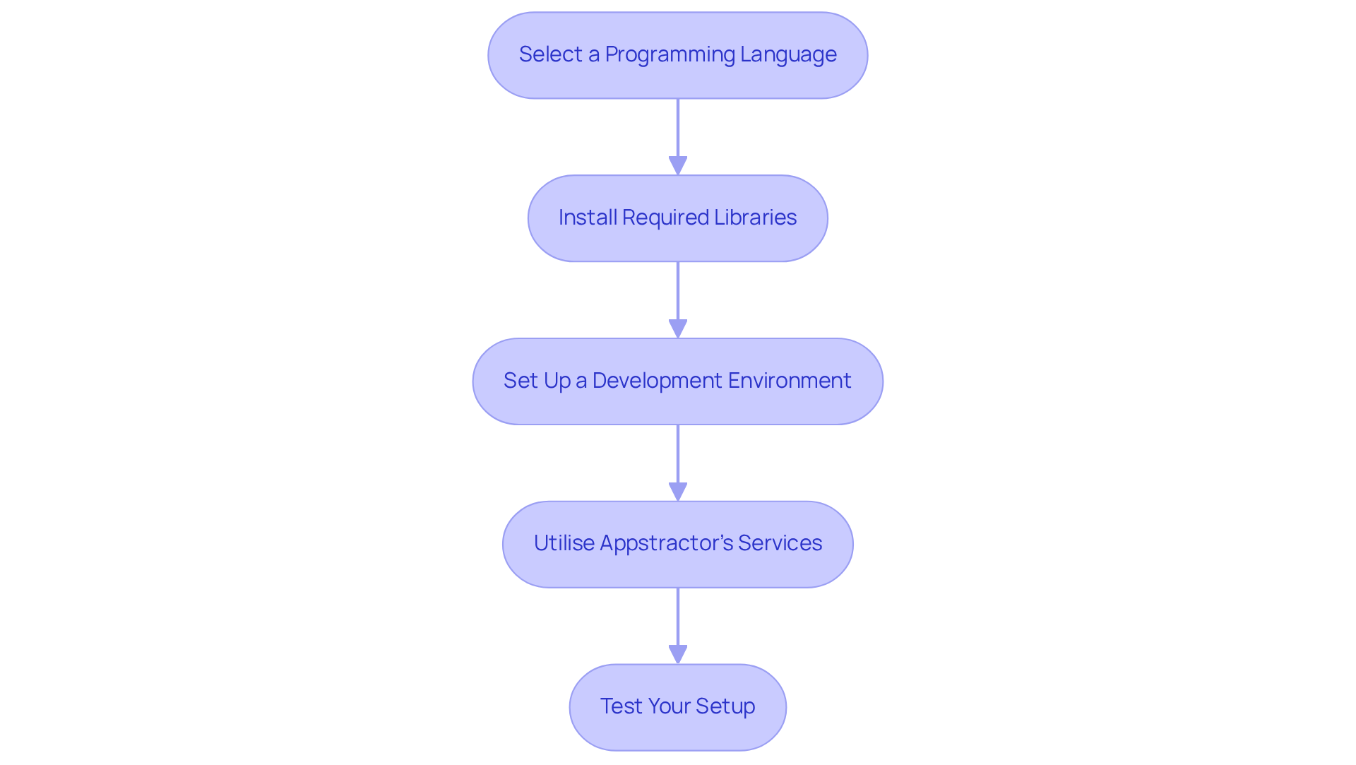 Each box represents a step in the setup process. Follow the arrows to see how to progress from selecting a programming language to testing your setup.