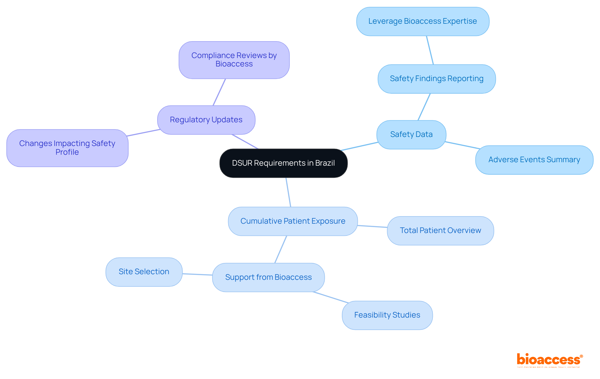 The center represents the main topic of DSUR requirements, while the branches show the key components that need to be included. Each color-coded branch helps you quickly identify different areas of focus.