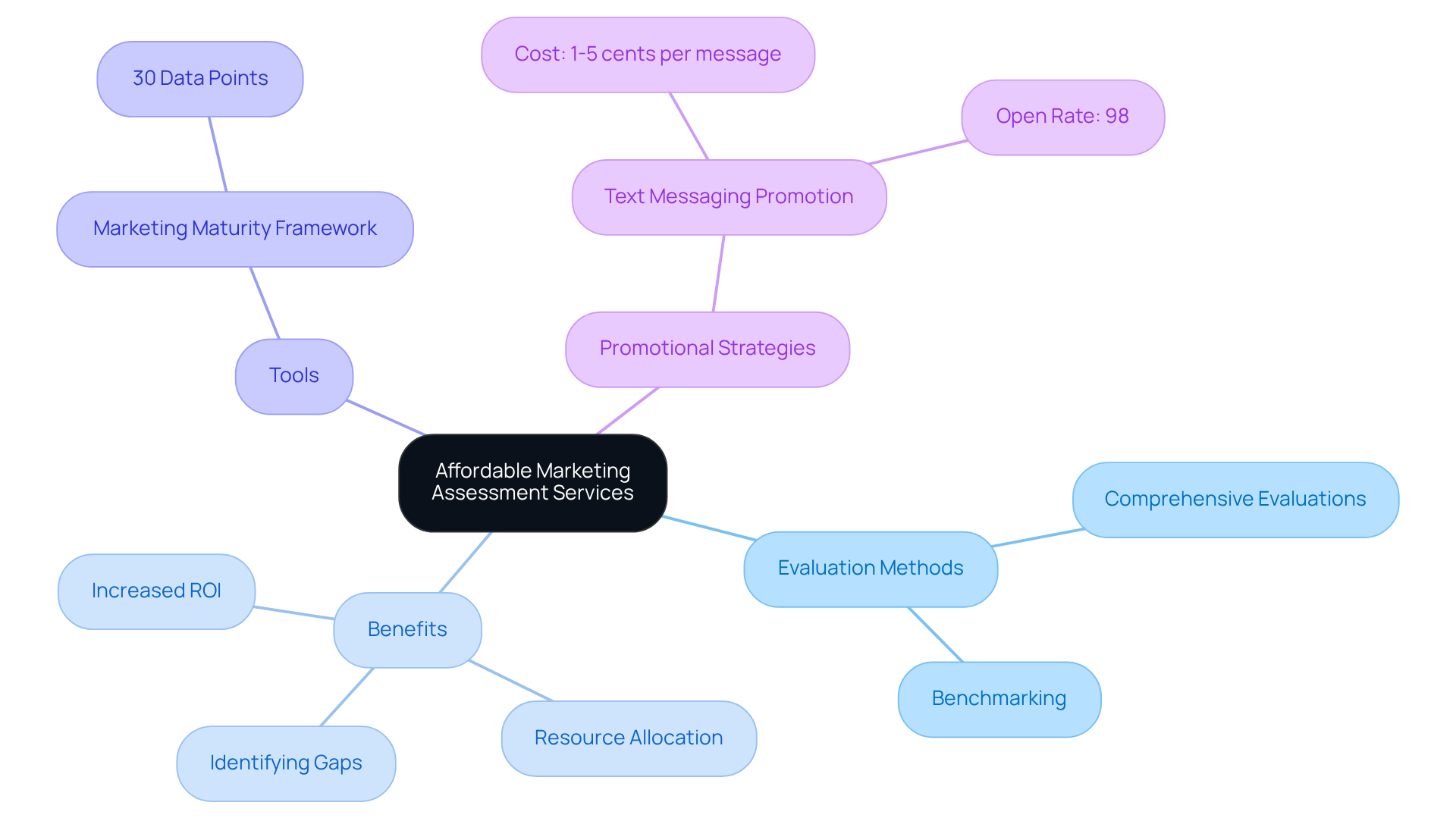 The central node represents the main topic, while branches show related areas. Each color-coded branch helps you see how different aspects of affordable marketing assessment services connect and contribute to overall effectiveness.