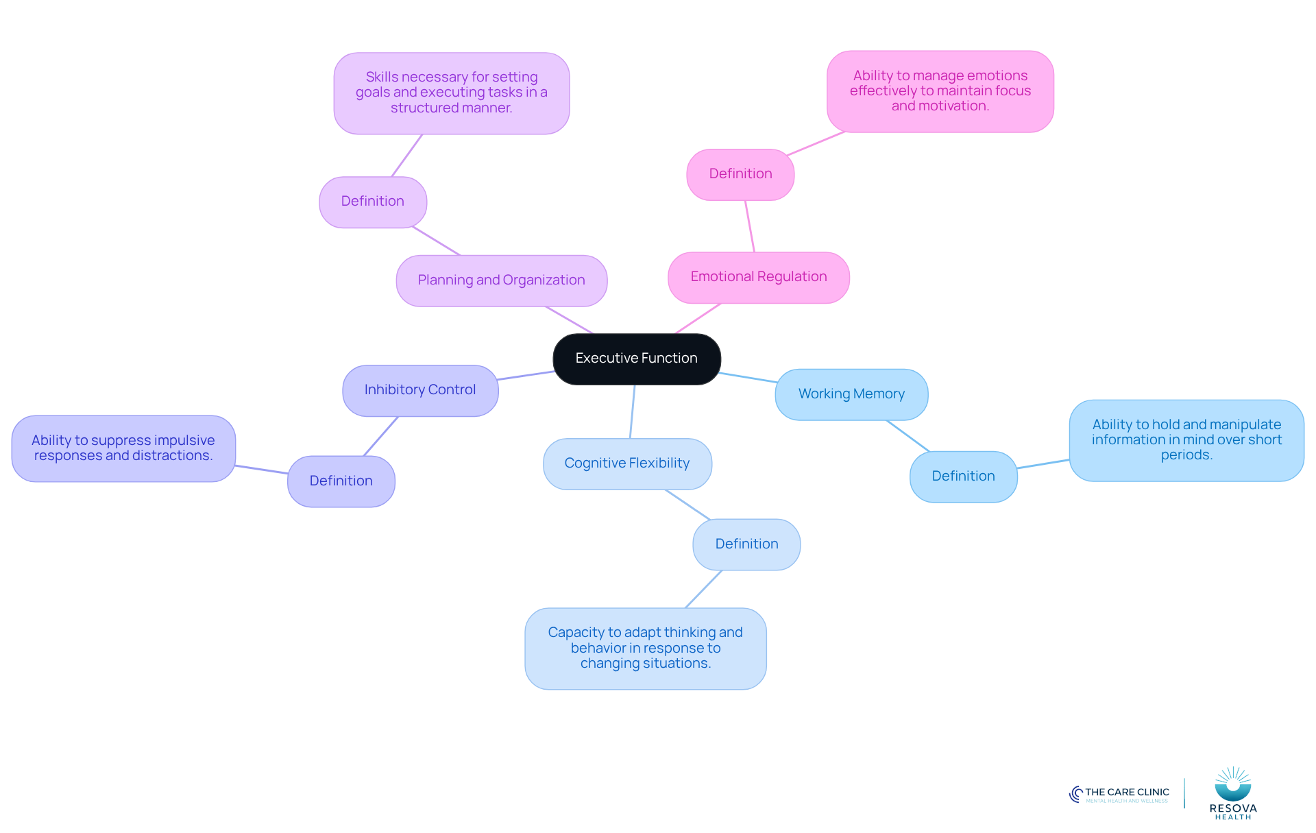 The central node represents executive function, while the branches show the key components that contribute to it. Each component is defined to help you understand its role in executive functioning. The central node represents executive function, while the branches show the key components that contribute to it. Each component is defined to help you understand its role in executive functioning.