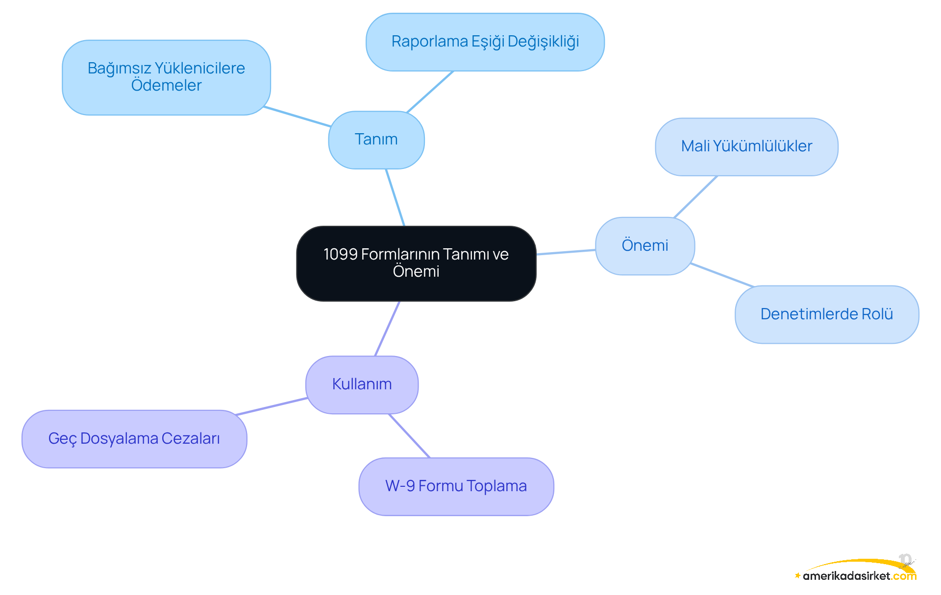 Merkezdeki başlık, 1099 formlarının genel konusunu temsil ediyor. Dallar, bu konunun farklı yönlerini ve detaylarını gösteriyor. Her dalın altında, o konuya dair daha fazla bilgi bulabilirsiniz.