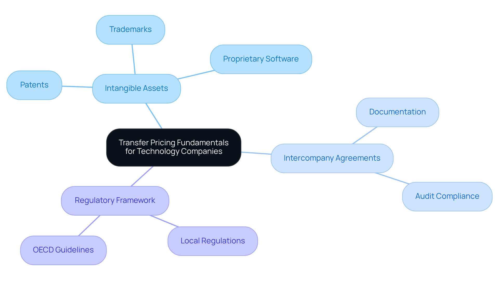 This mindmap starts with the main idea of transfer pricing at the center. Each branch represents a key component that technology companies need to understand. Follow the branches to see how each part connects to the overall concept, helping you grasp the essentials of transfer pricing.