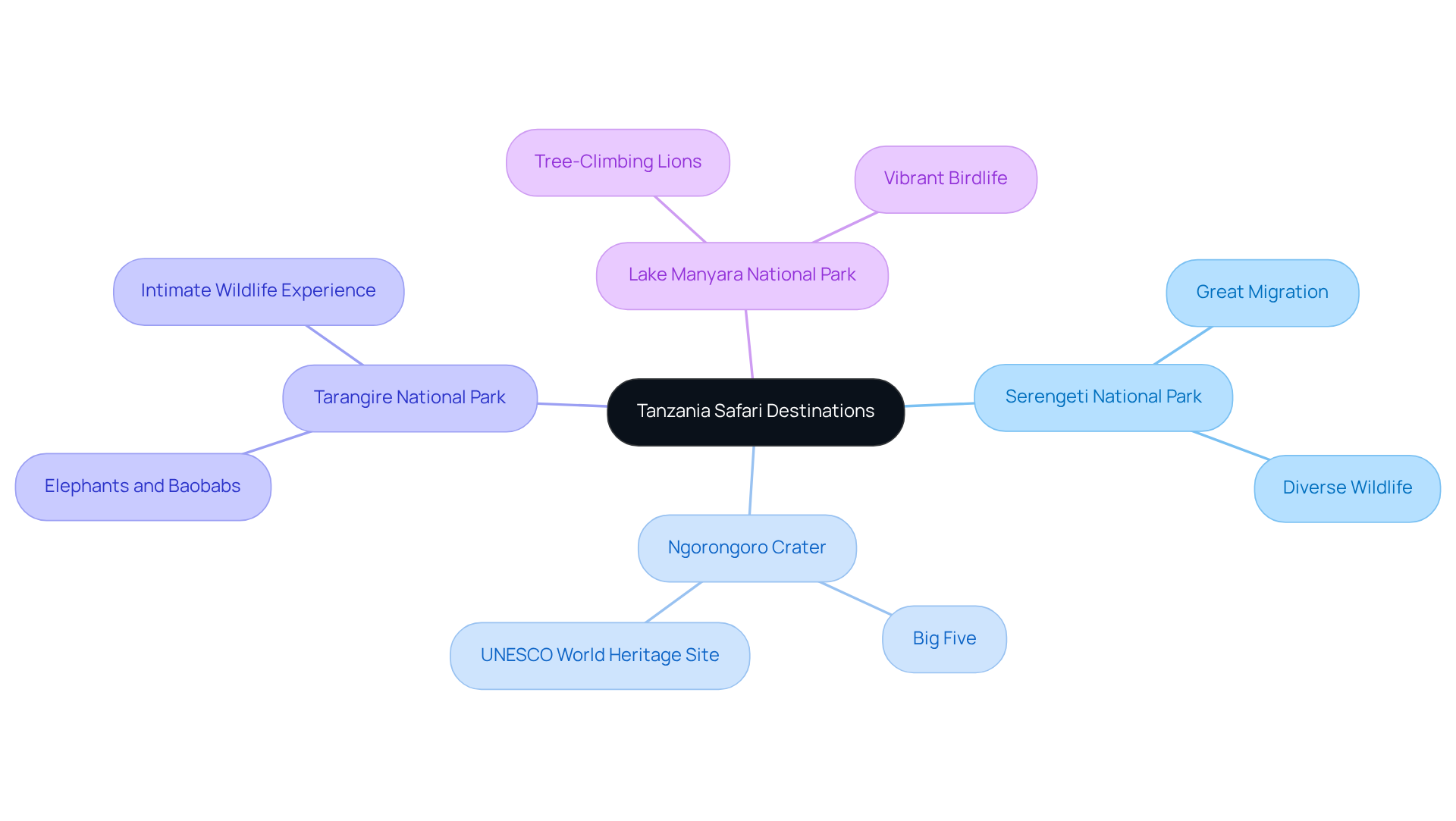 This mindmap illustrates the different safari locations in Tanzania. Each branch represents a unique destination, and the sub-branches highlight the special features of each location. Follow the branches to discover what each park has to offer!