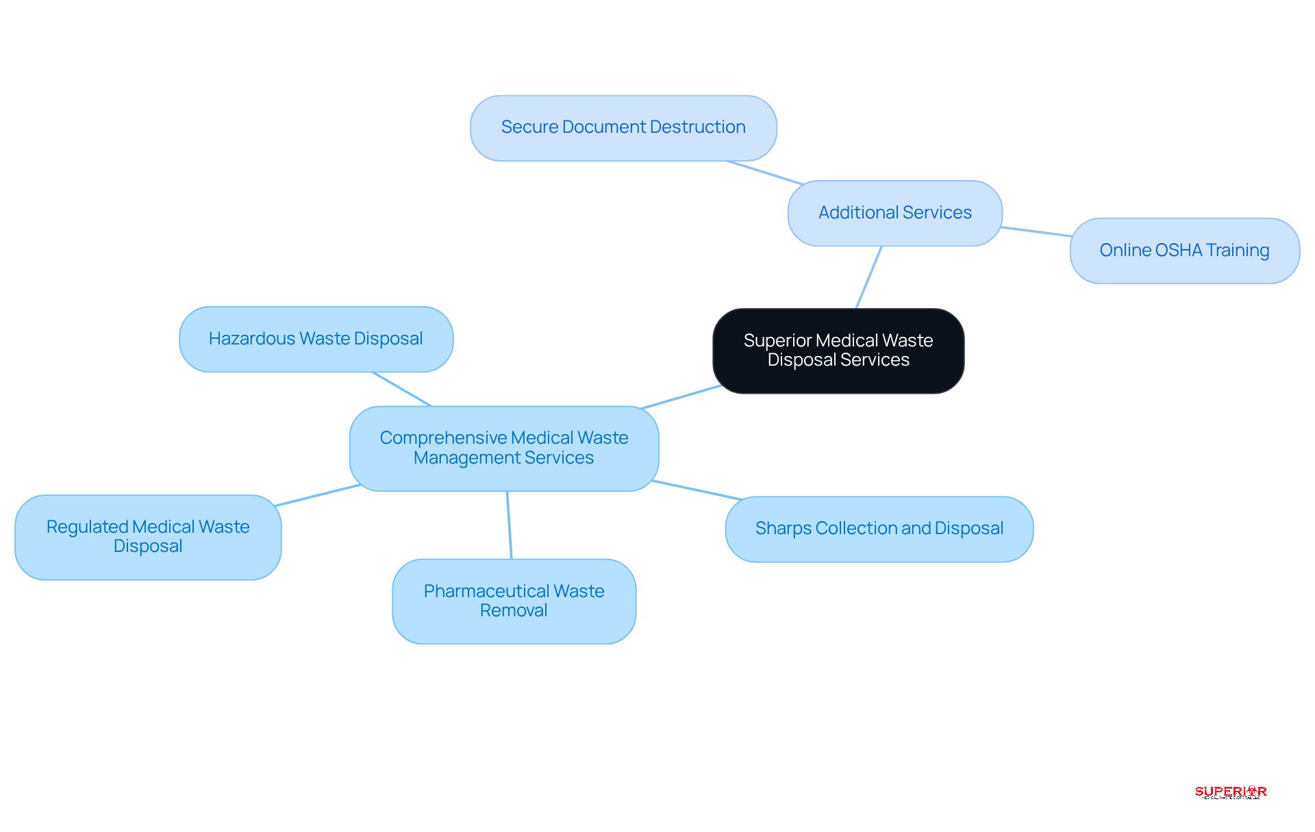 The central node represents the company, while the branches show the different types of services they offer. Each color-coded branch helps you quickly identify the main categories and their specific services.