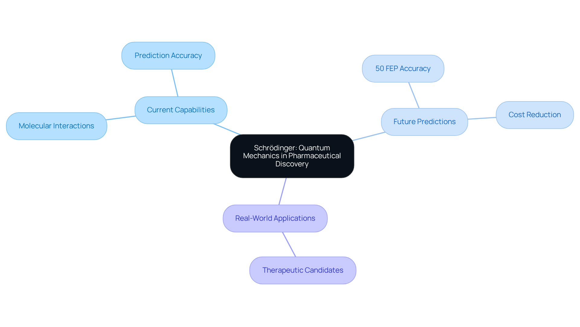 The central node represents Schrödinger's focus on quantum mechanics. Each branch shows different aspects of its impact on pharmaceutical research, helping you see how they connect and contribute to drug development.