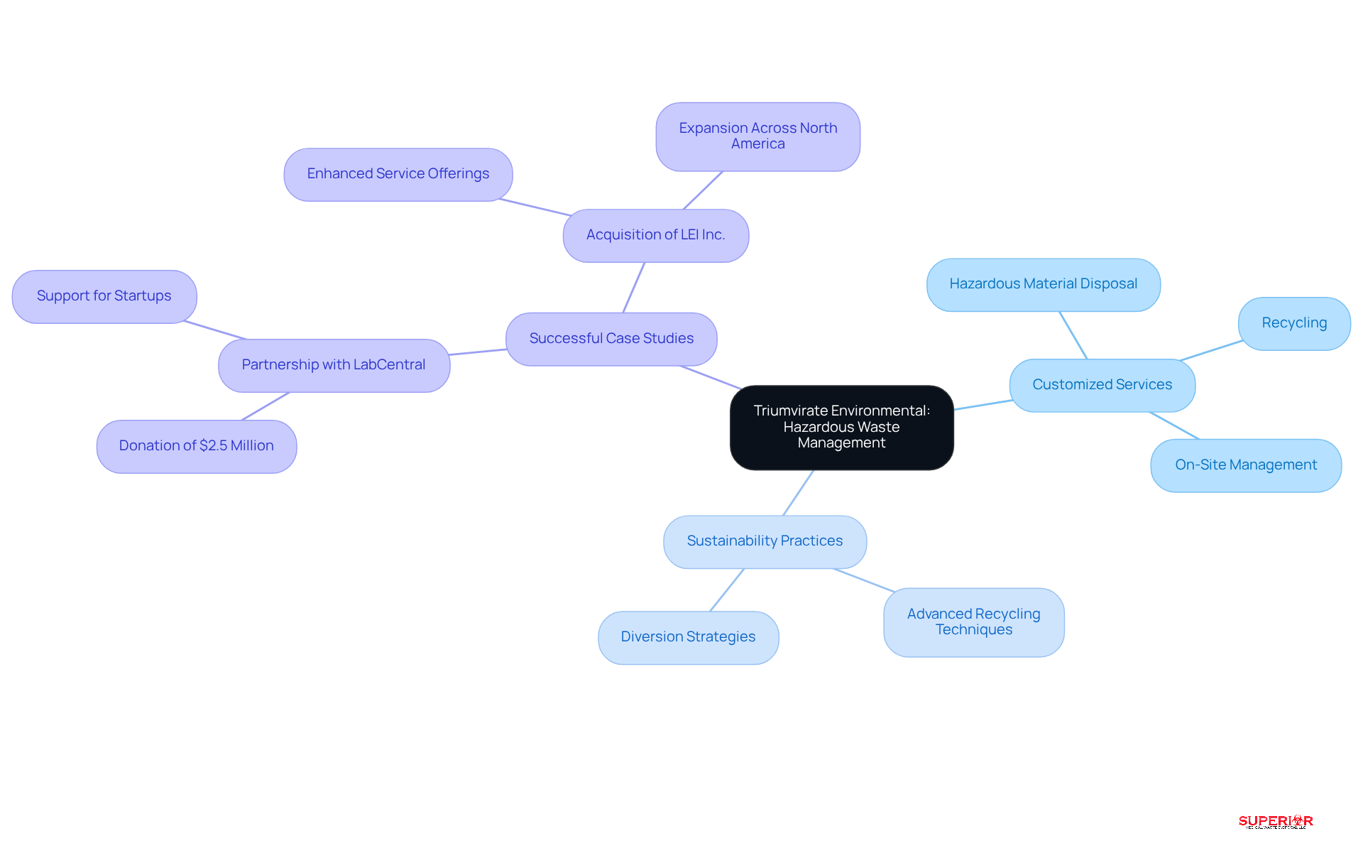 The central node represents Triumvirate Environmental, while the branches show their main service areas and practices. Each sub-branch provides more detail about specific offerings and initiatives. The central node represents Triumvirate Environmental, while the branches show their main service areas and practices. Each sub-branch provides more detail about specific offerings and initiatives.
