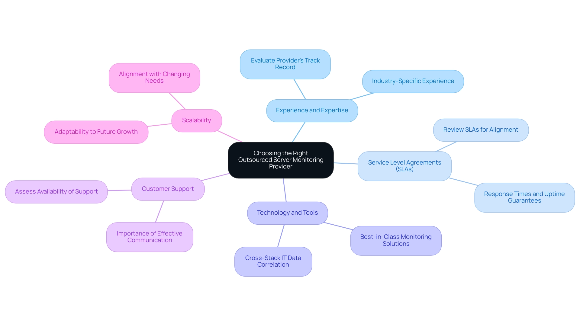 Each branch represents a key criterion for selecting a provider, with sub-branches detailing specific considerations for each criterion.