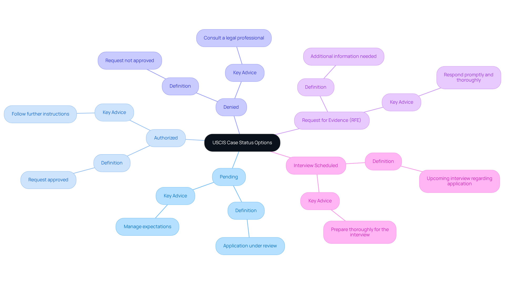 The central node represents the main topic, while each branch shows a different case status. The sub-branches provide definitions and tips, helping you understand what each status means for your immigration journey.