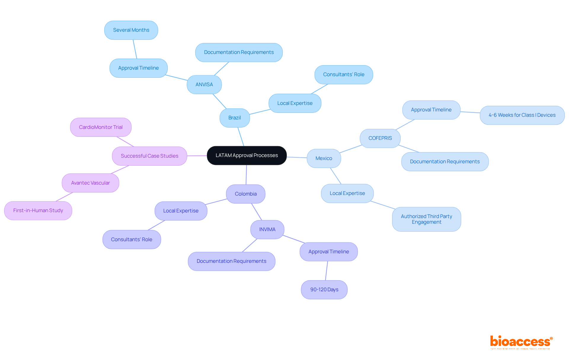 The central node represents the overall approval processes, while branches show specific countries and their regulatory bodies. Each sub-node provides details on requirements and strategies, helping you see how everything connects.