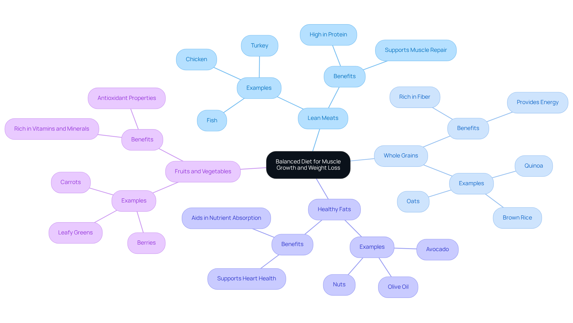 This mindmap illustrates the key components of a balanced diet that supports muscle growth and weight loss. Each branch represents a category of food that is important for maintaining health, especially for older adults. Follow the branches to see how each type of food contributes to overall well-being.