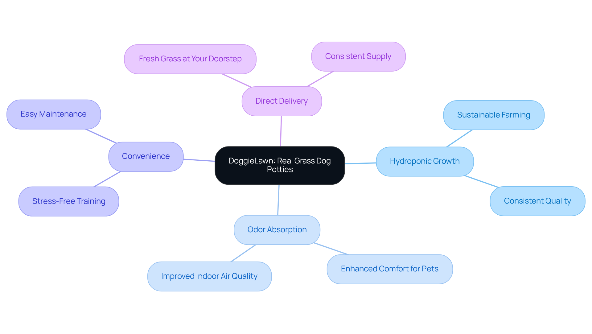 This mindmap starts with DoggieLawn at the center, branching out to show its main features and benefits. Each branch represents a key aspect of the product, helping you understand how it makes potty training easier for both dogs and their owners.
