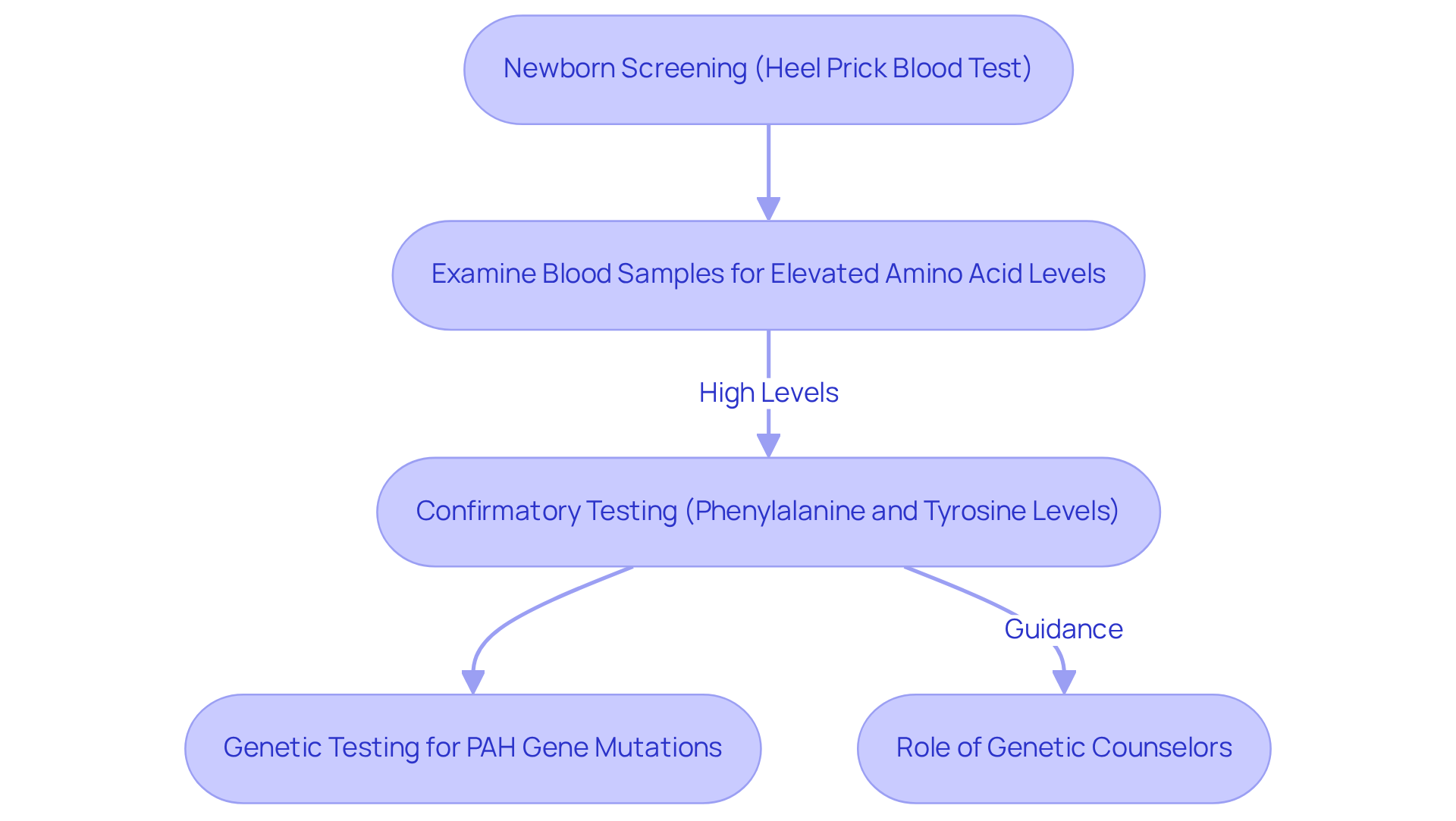 Follow the arrows to see the steps in diagnosing PKU, starting from newborn screening to confirmatory testing and the important role of genetic counselors in the process.