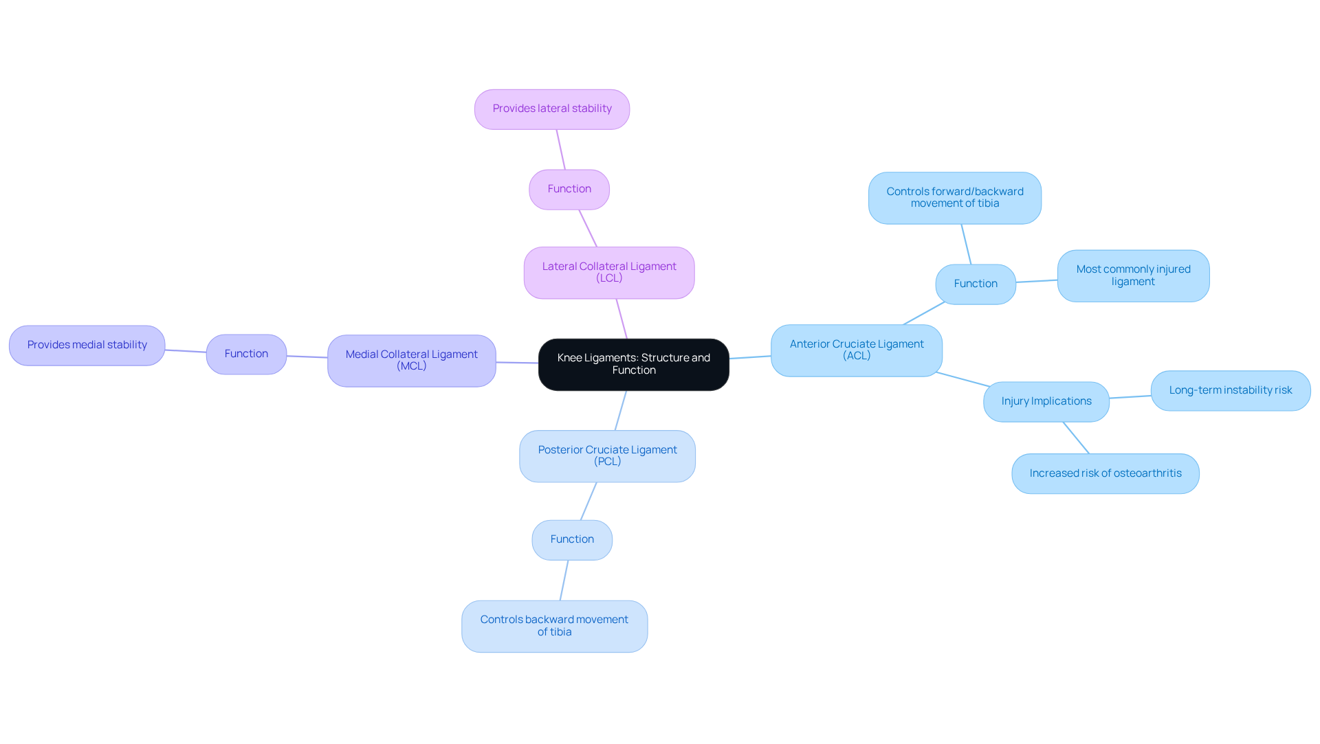 The central node represents knee ligaments, while the branches show each ligament's name and its specific function. This layout helps you see how each part contributes to the overall stability and health of the knee joint. The central node represents knee ligaments, while the branches show each ligament's name and its specific function. This layout helps you see how each part contributes to the overall stability and health of the knee joint.