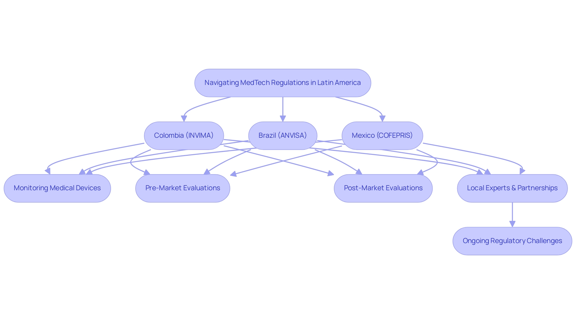 Each path represents a country (Colombia, Brazil, Mexico) and their specific regulatory processes. Arrows show the sequence of steps in compliance navigation.