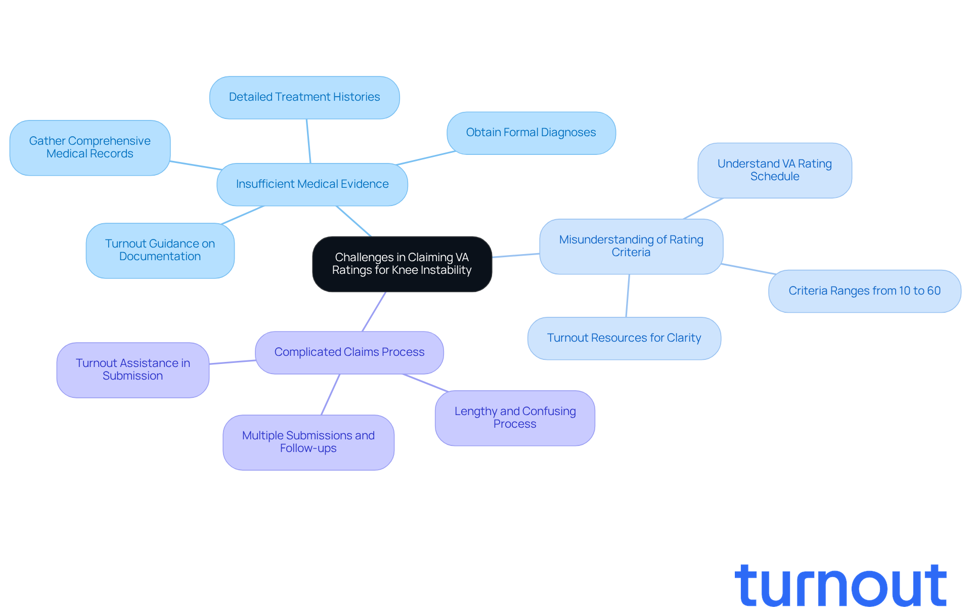 The central node represents the main topic, while the branches show specific challenges veterans face. Each sub-branch provides additional details or solutions, helping you understand the complexities involved.