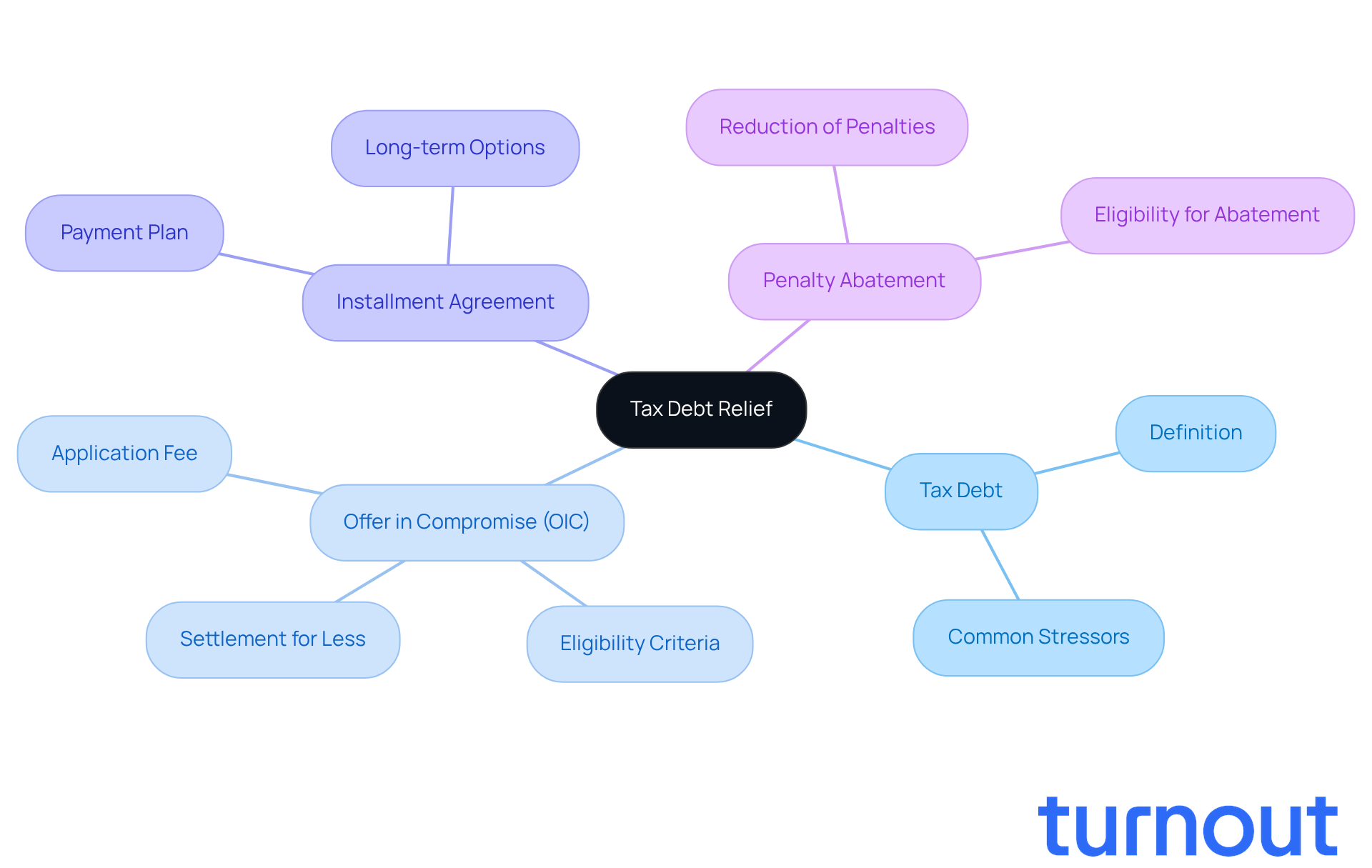 The central node represents the overall theme of tax debt relief, while each branch highlights a specific concept. The descriptions provide a quick reference to understand what each term means. The central node represents the overall theme of tax debt relief, while each branch highlights a specific concept. The descriptions provide a quick reference to understand what each term means.