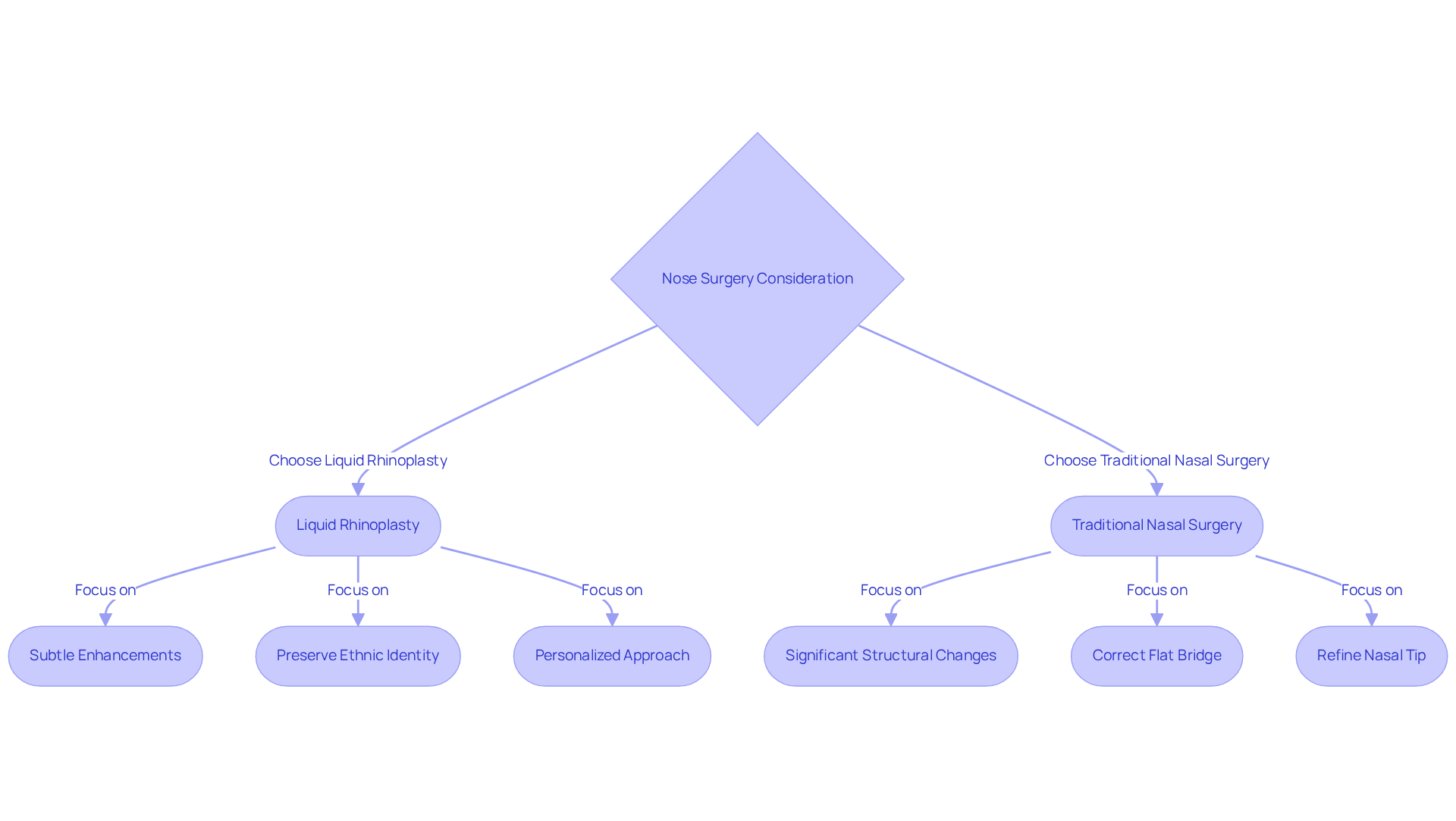 This flowchart guides you through the choices for nose surgery. Start at the top and follow the paths based on what you're looking for - whether it's subtle enhancements or more significant changes.