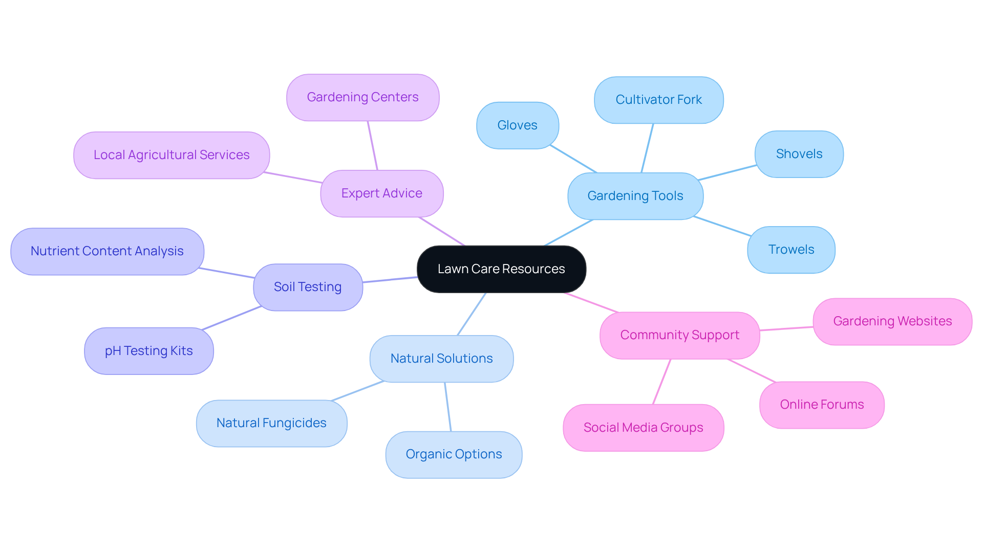 The center represents the main topic of lawn care resources. Each branch shows a different category of tools and support, with further details on what you can use or do within each category.
