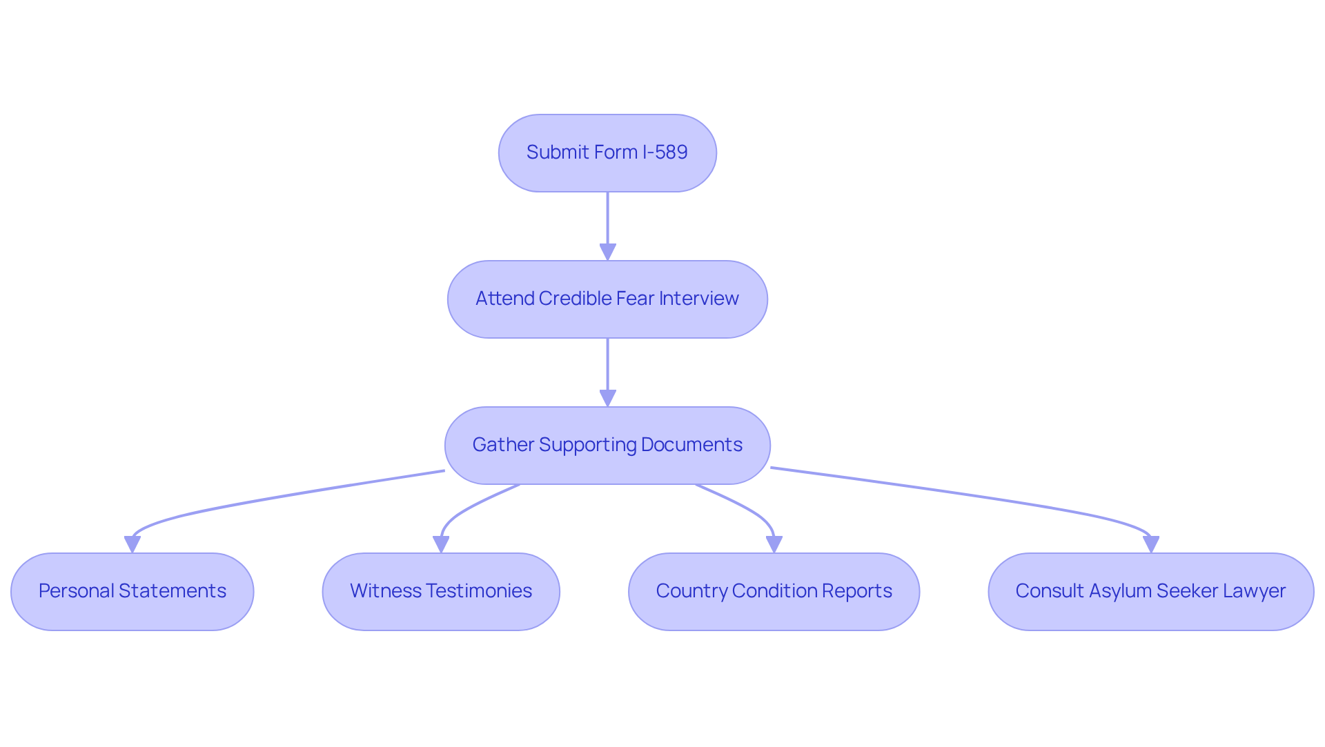 Follow the arrows to see each step in the asylum application journey. Each box represents an important action you need to take, from submitting your application to gathering necessary documents and seeking legal advice.
