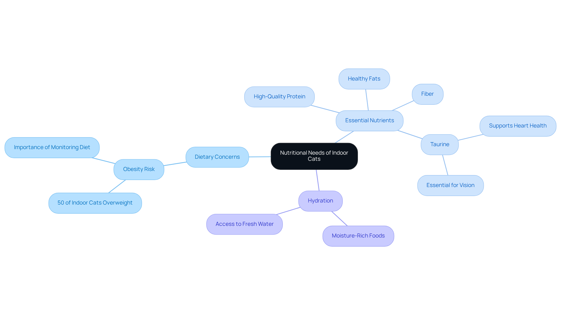 The center shows the main topic, and as you branch out, you can see specific dietary concerns and essential nutrients needed for indoor cats. Each branch highlights a critical aspect of their nutrition. The center shows the main topic, and as you branch out, you can see specific dietary concerns and essential nutrients needed for indoor cats. Each branch highlights a critical aspect of their nutrition.