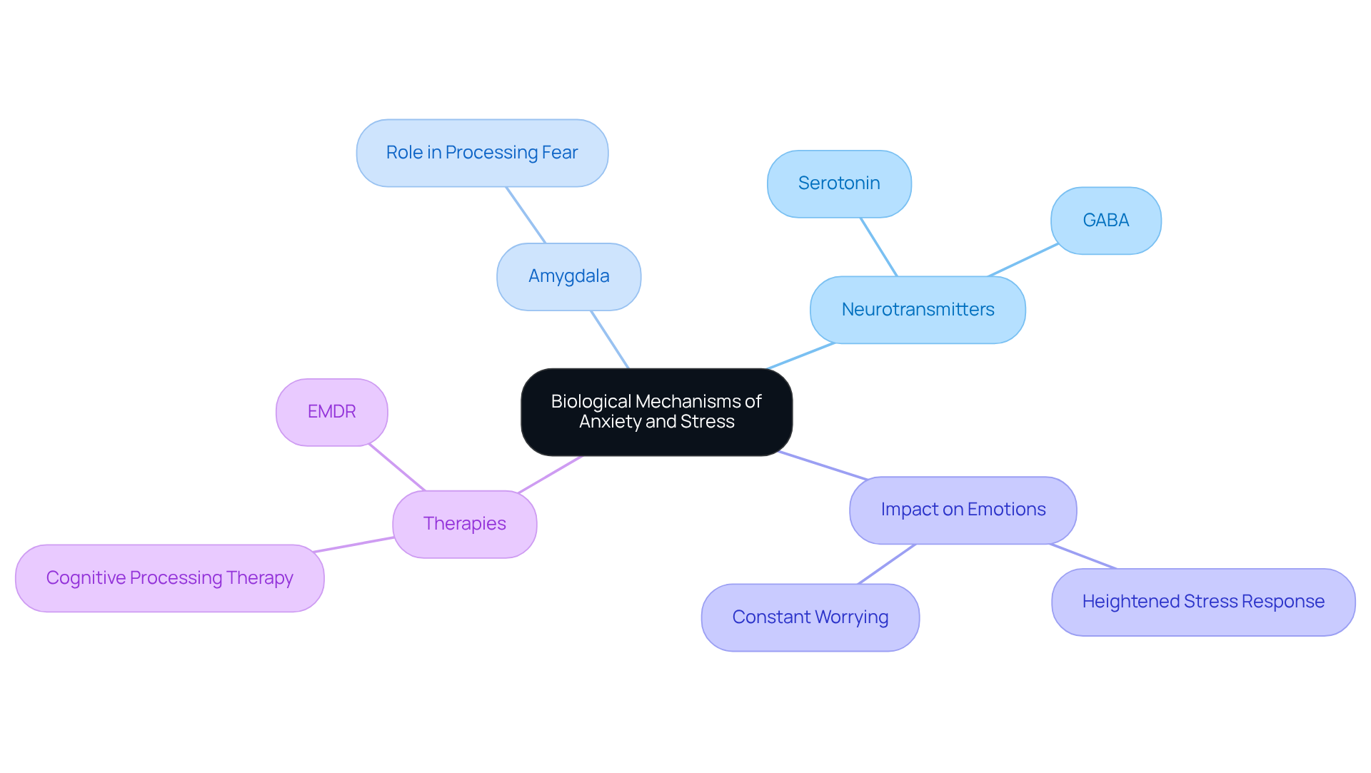 This mindmap illustrates how different biological factors contribute to anxiety and stress. Start at the center with the main theme, then explore each branch to see how neurotransmitters and brain functions relate to emotional challenges and available therapies.