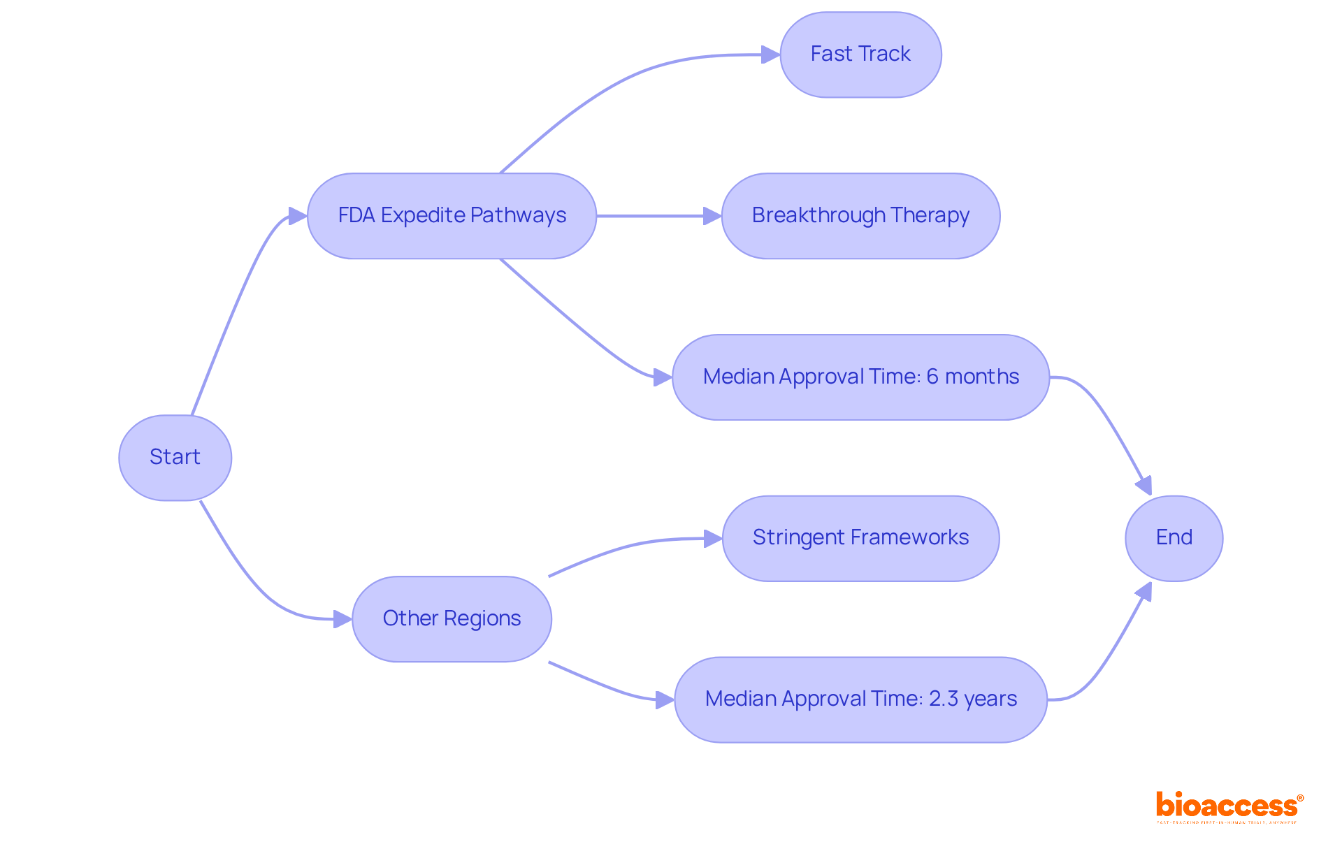 This flowchart compares the FDA's expedited pathways with other regions. Each step shows how fast or slow the approval process can be, highlighting key statistics for better understanding.
