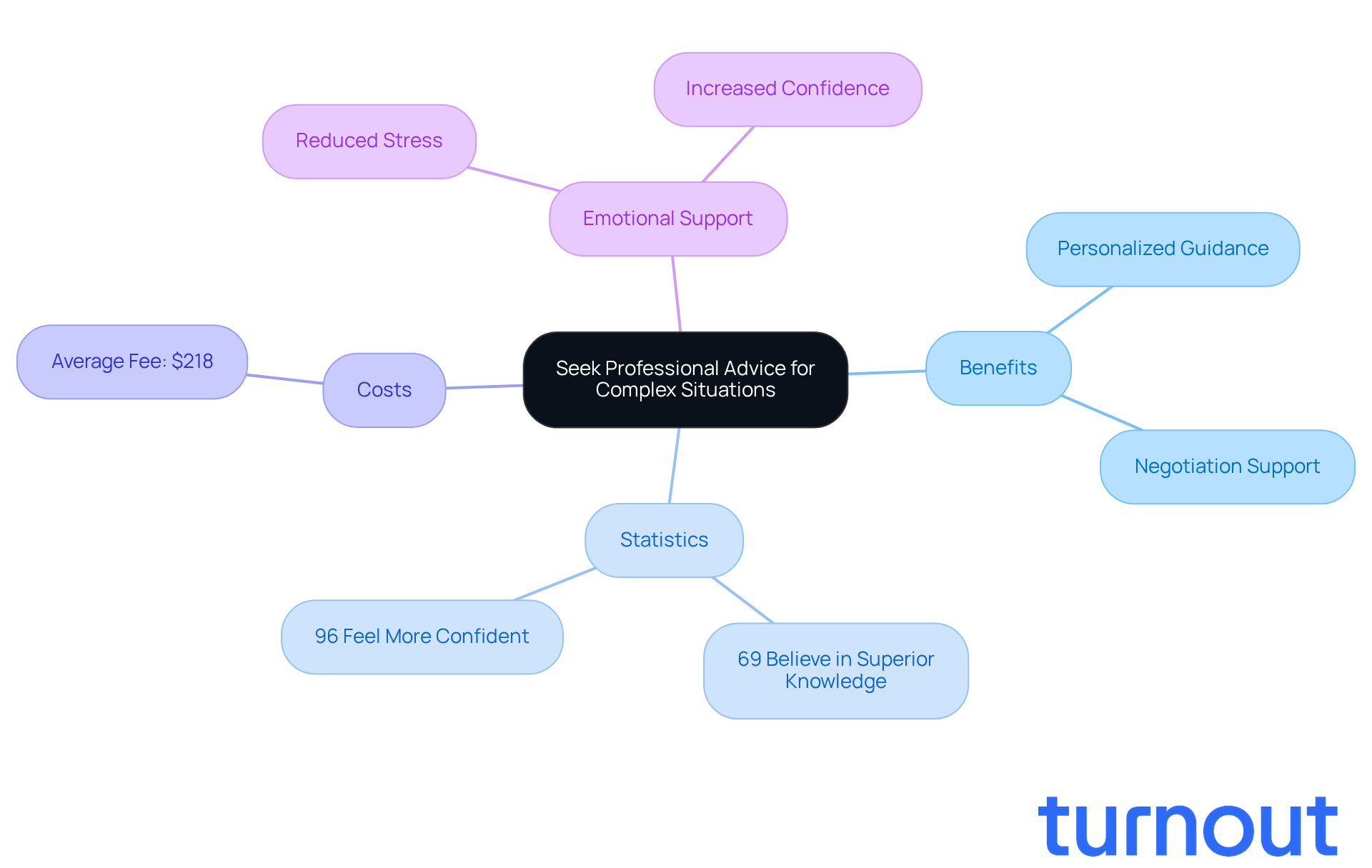 The central idea is about seeking professional help for tax issues. Each branch shows different aspects: benefits of hiring a pro, important statistics, costs involved, and the emotional support they provide. Follow the branches to understand how each point connects to the main idea.