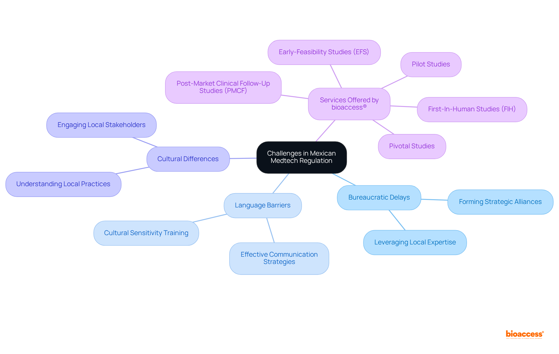 The center showcases the main challenges, while branches illustrate related strategies and services that can help medtech firms succeed in Mexico. Each color-coded section helps identify the different areas of focus.