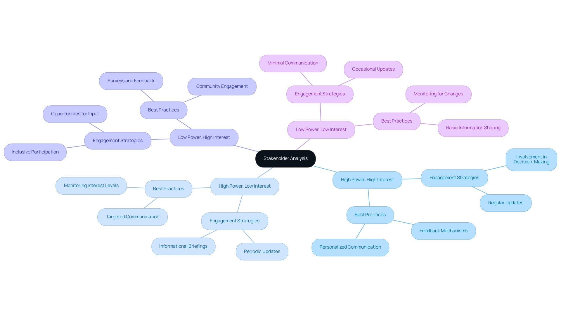 The central node represents stakeholder analysis, with branches indicating the four categories of stakeholders and their engagement strategies.