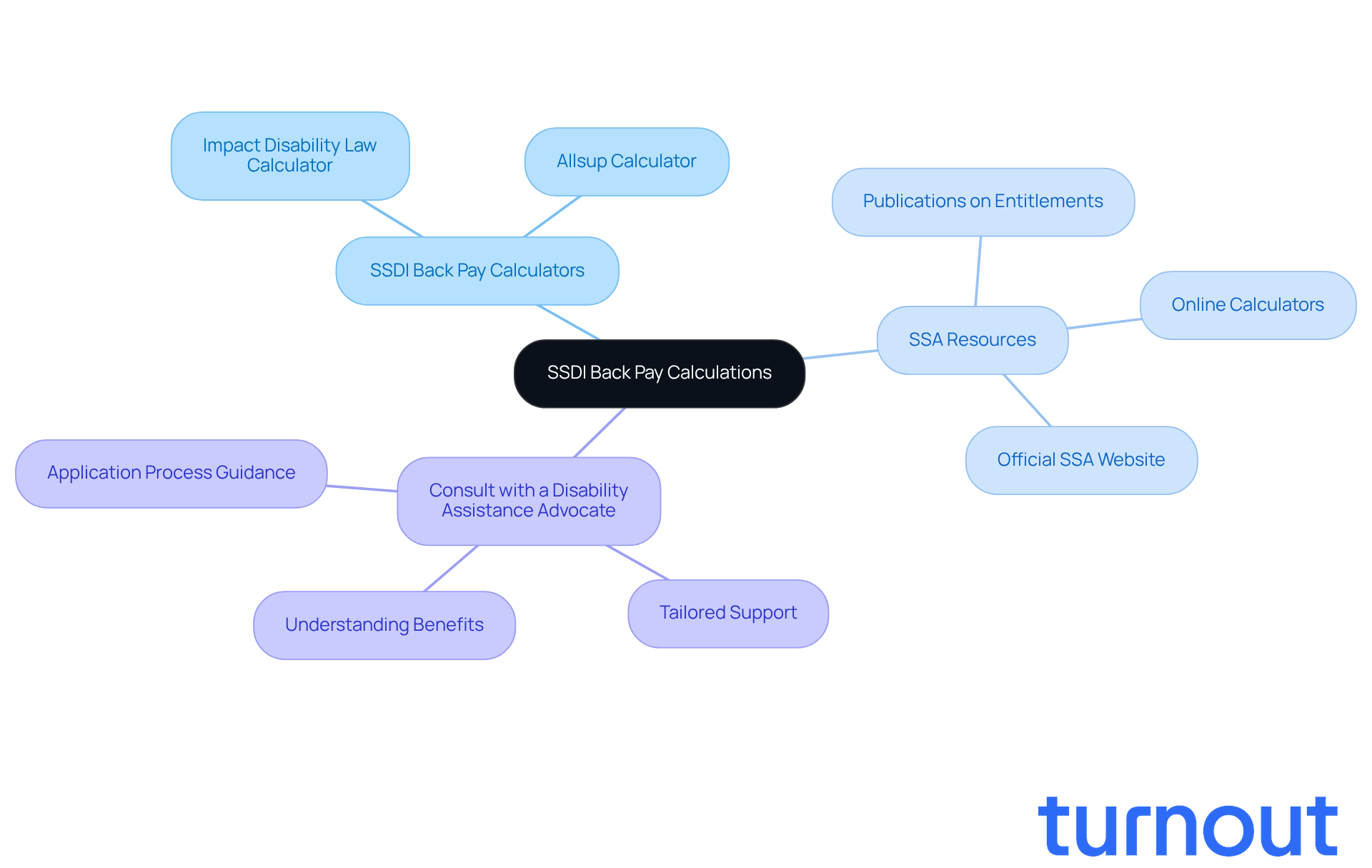 The center represents the main topic of SSDI back pay calculations. Each branch shows a different resource category, and the sub-branches provide specific tools or advice related to that category. This layout helps you see all your options at a glance.