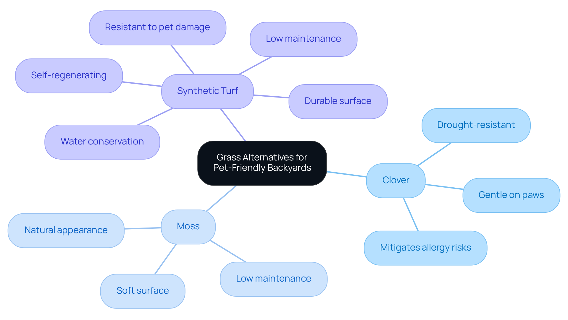 The central idea is grass alternatives, with branches showing different types and their benefits. Each color represents a different alternative, making it easy to follow and understand how each option contributes to a low-maintenance backyard.