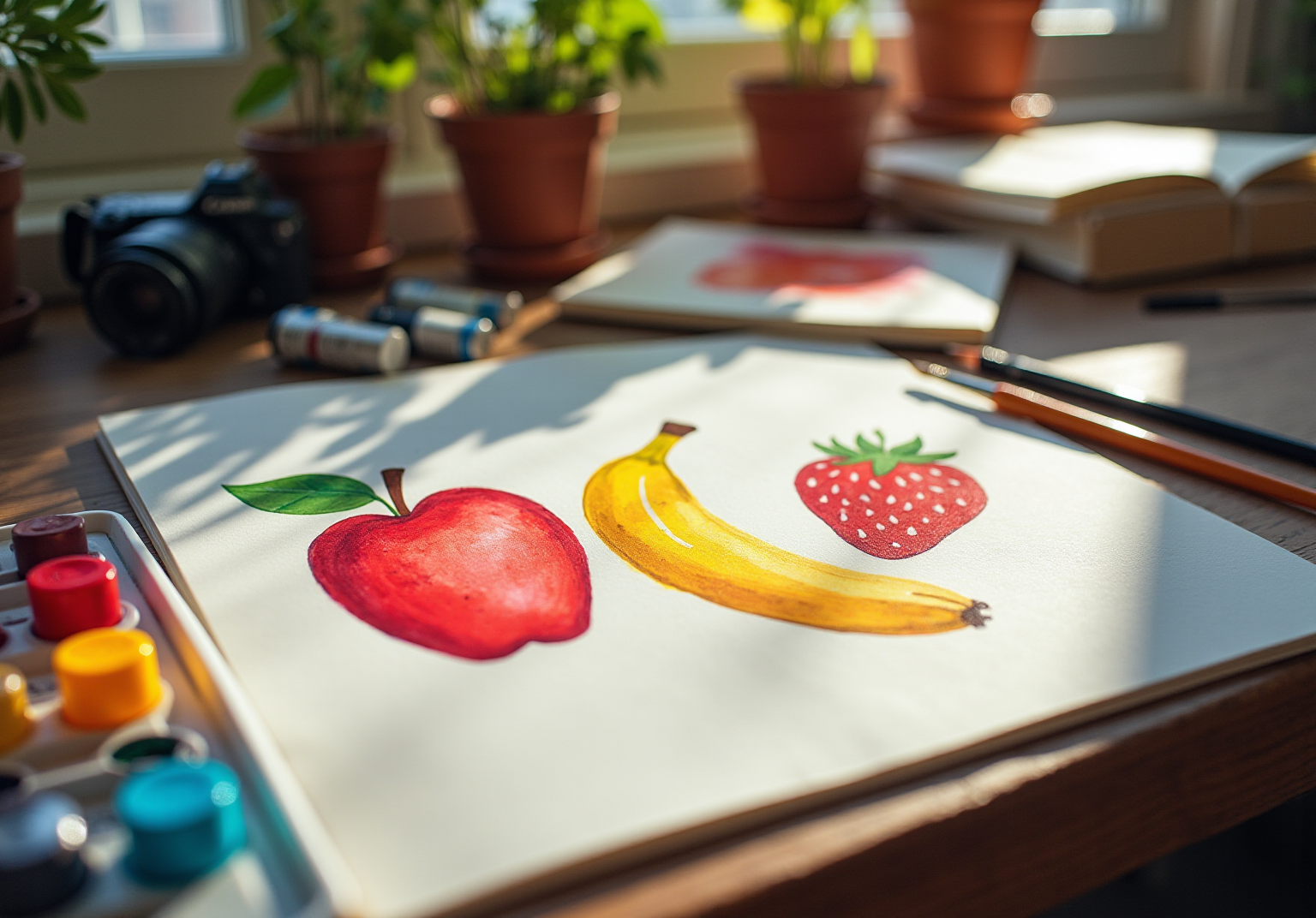 Creative Workspace for Fruit Watercolor Painting Creative Workspace for Fruit Watercolor Painting