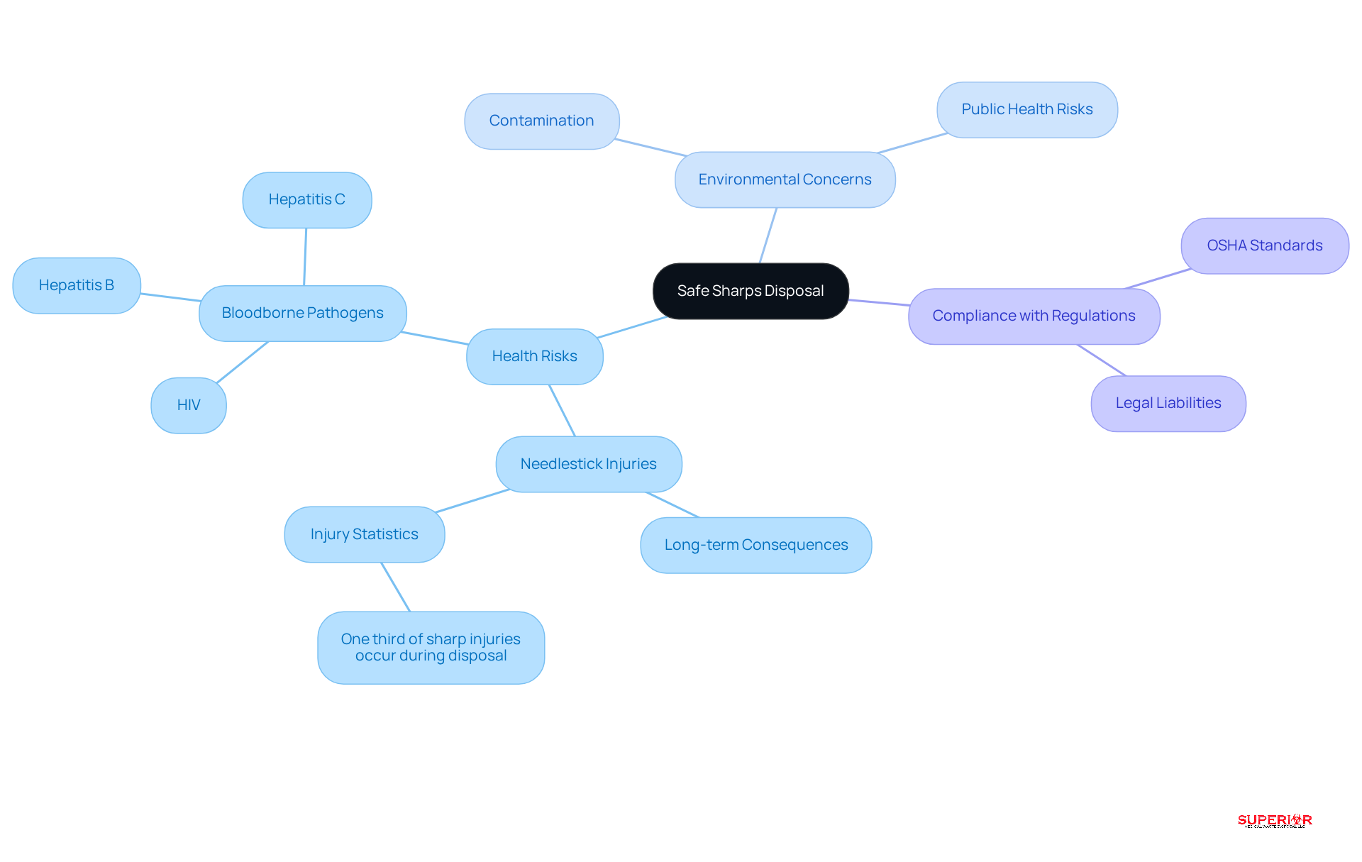 The center shows the main topic, and the branches illustrate related issues and benefits. Each color-coded branch helps you see how everything connects to the importance of safe disposal.