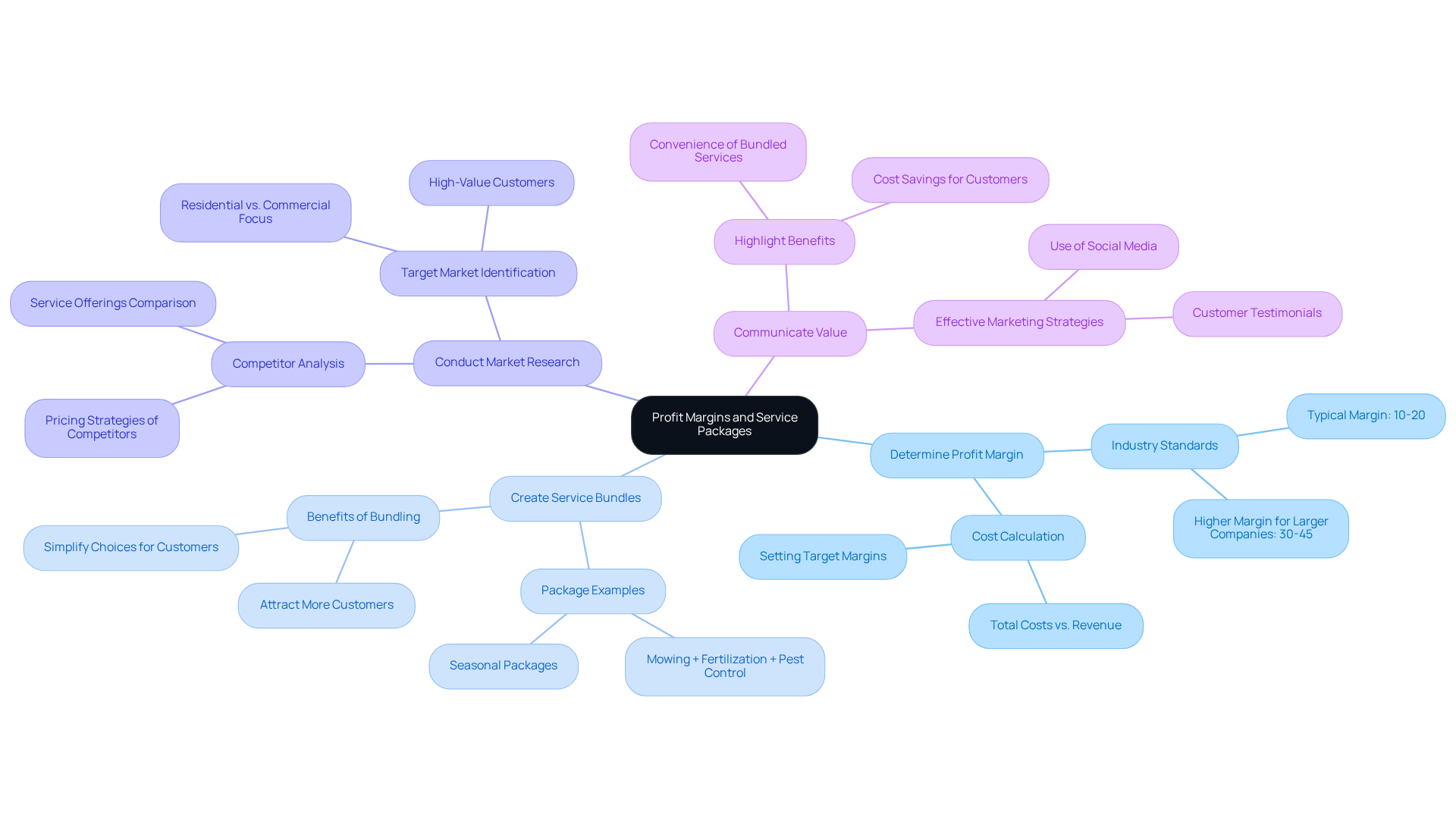 Begin at the center with the main topic, then explore each branch to see the strategies and actions that support establishing profit margins and creating appealing service packages.