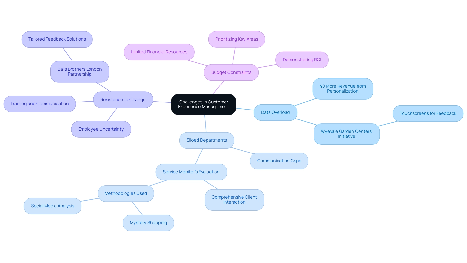 The central node represents the overall theme of CXM challenges, with branches showing individual challenges and sub-branches detailing key insights and examples.