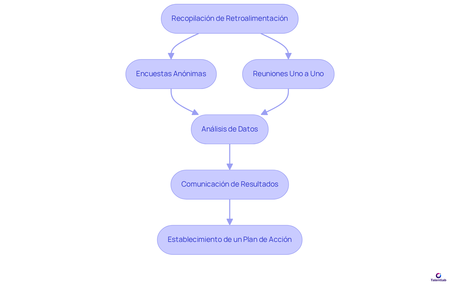 Cada cuadro representa un paso en el proceso de retroalimentación. Sigue las flechas para ver cómo se mueve la información desde la recopilación hasta la acción final.