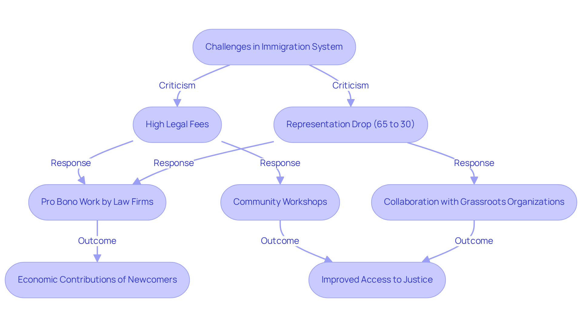 This flowchart illustrates the journey from the challenges faced by newcomers in the immigration system to the actions taken by law firms and the positive outcomes for the community. Follow the arrows to see how each step connects and contributes to improving access to legal services.