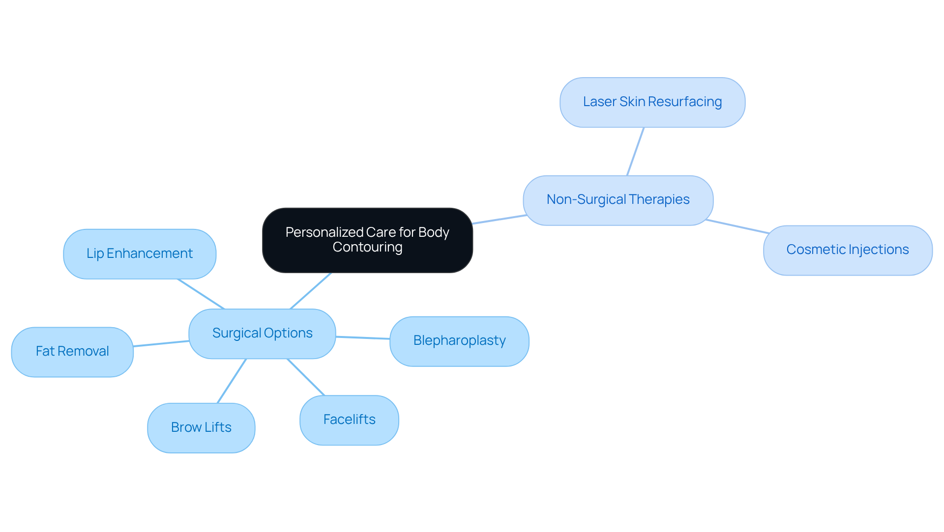 The central node represents the core value of personalized care, while the branches show the different surgical and non-surgical options available to help you enhance your appearance and confidence. The central node represents the core value of personalized care, while the branches show the different surgical and non-surgical options available to help you enhance your appearance and confidence.