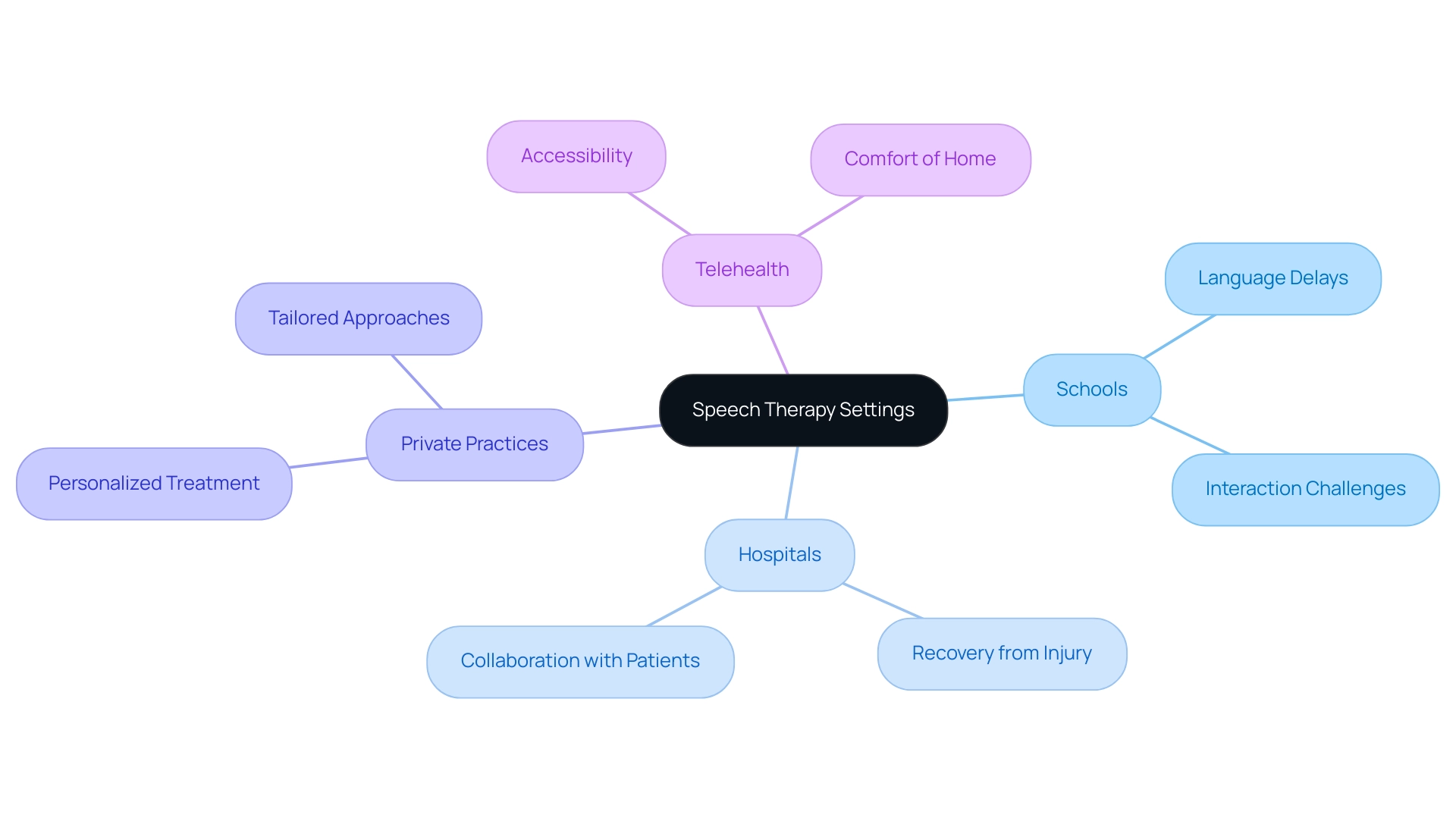 Each branch represents a different setting for speech therapy, with sub-branches detailing their specific focuses and roles.